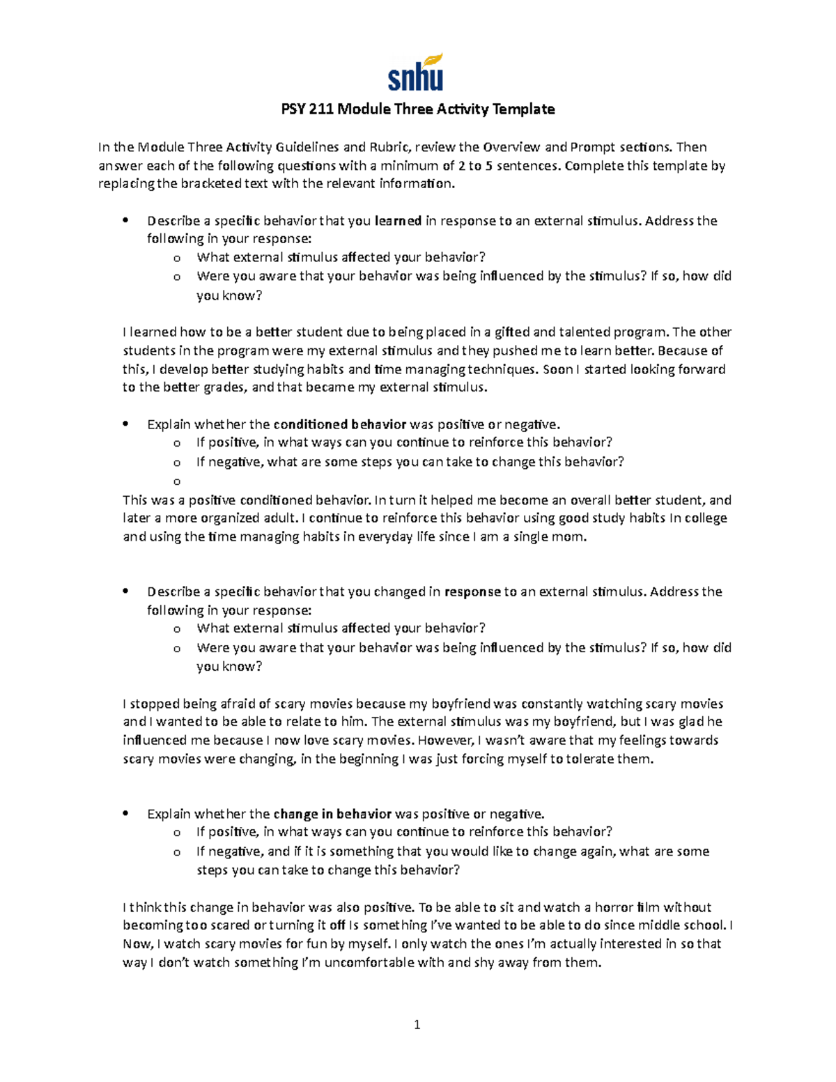 PSY 211 Module 3 Activity: Analyzing Behavior Change Responses - Studocu