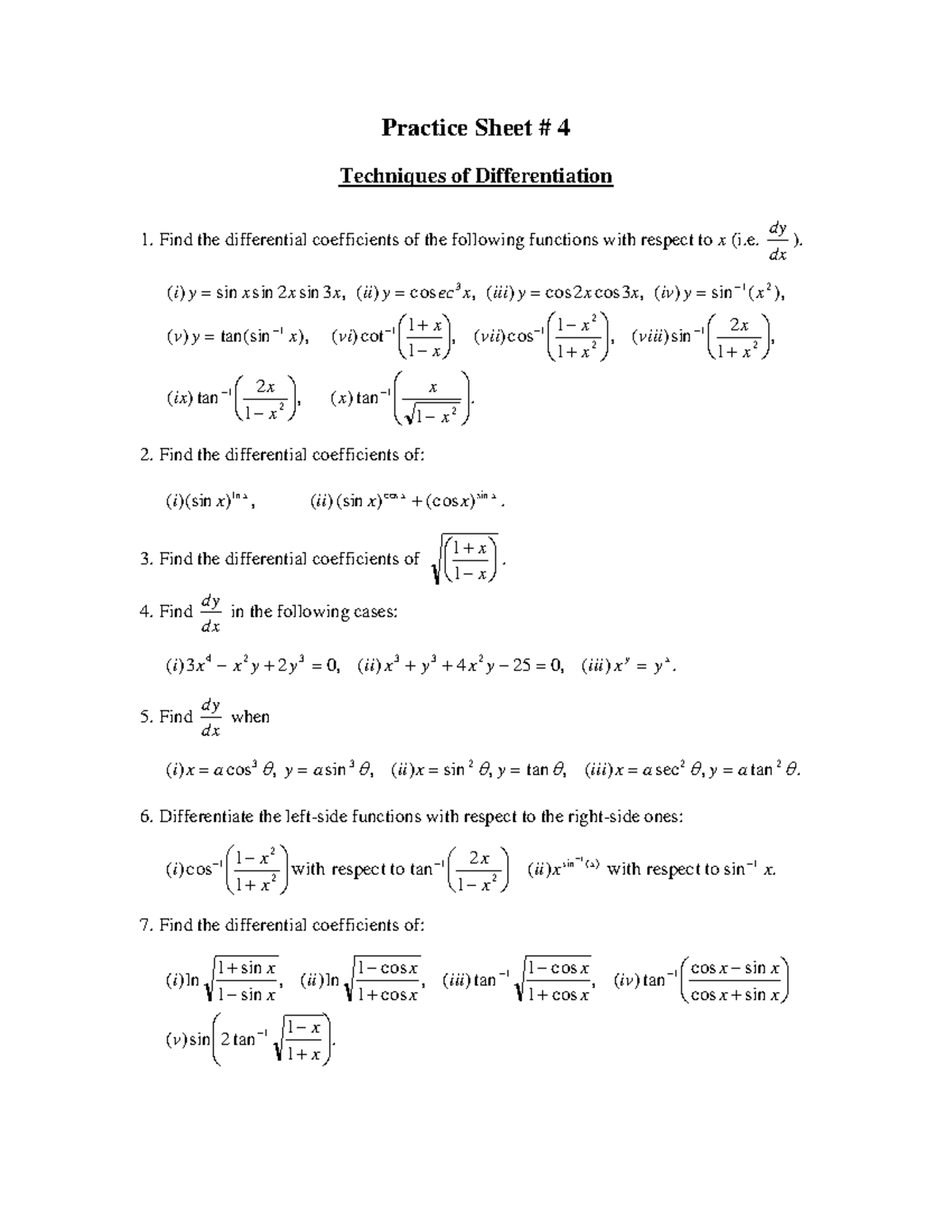 Practice Sheet 04 - FFFFFF - Practice Sheet # 4 Techniques of Differentiation Find the ...