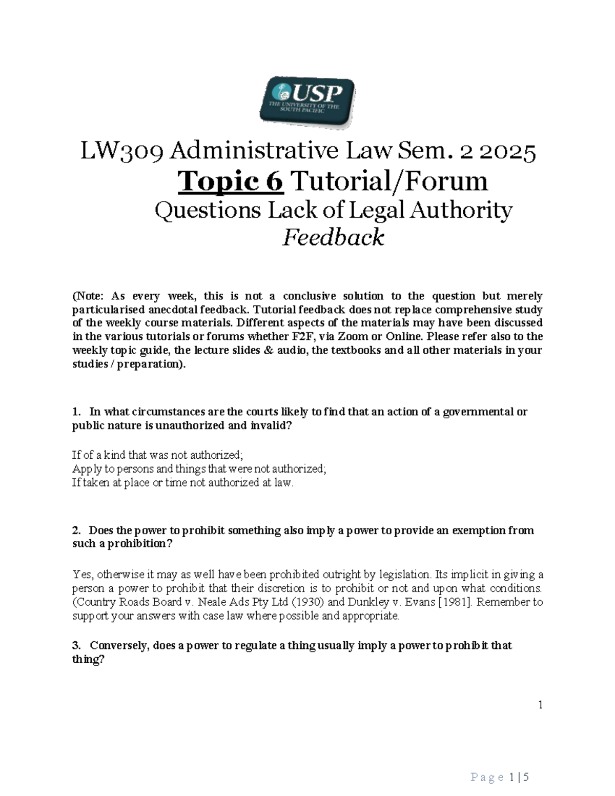 LW309 Administrative Law Sem. 2 2025 Topic 6 Tutorial Feedback - Studocu