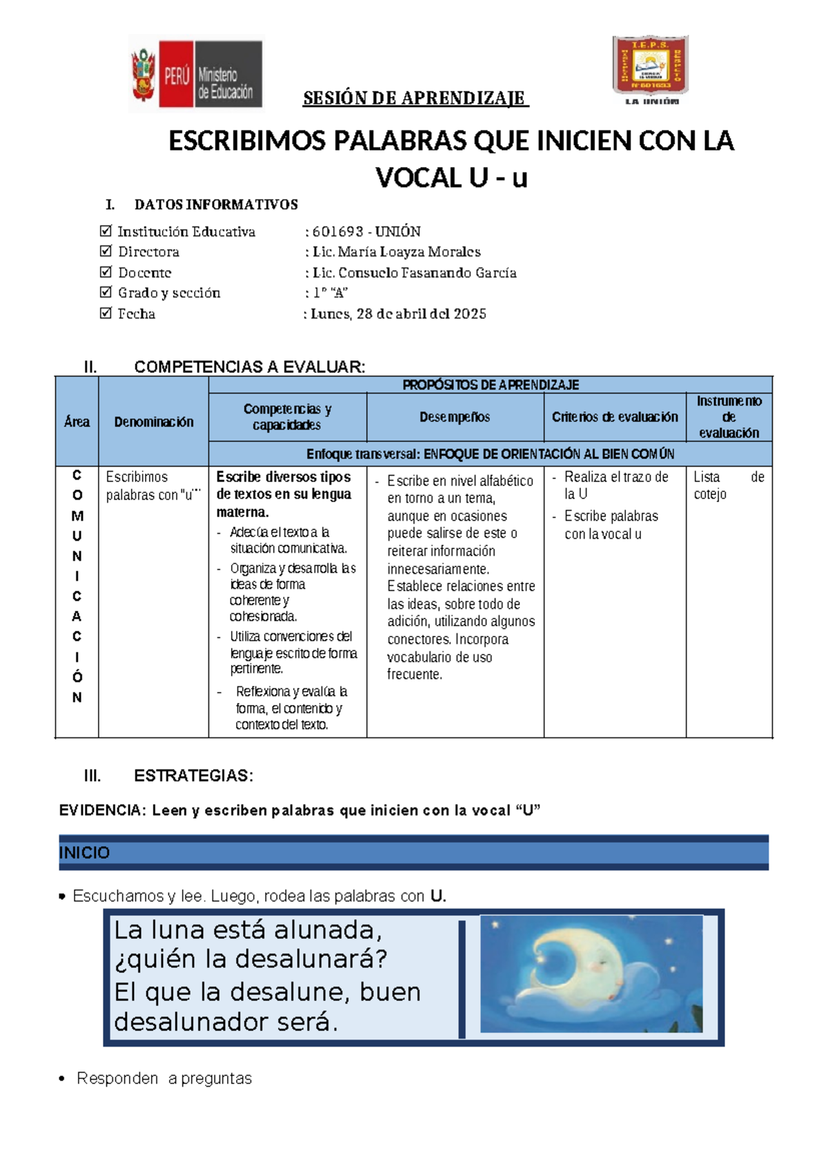 SESION DE APRENDIZAJE I: ESCRIBIMOS PALABRAS CON LA VOCAL U - 601693 ...