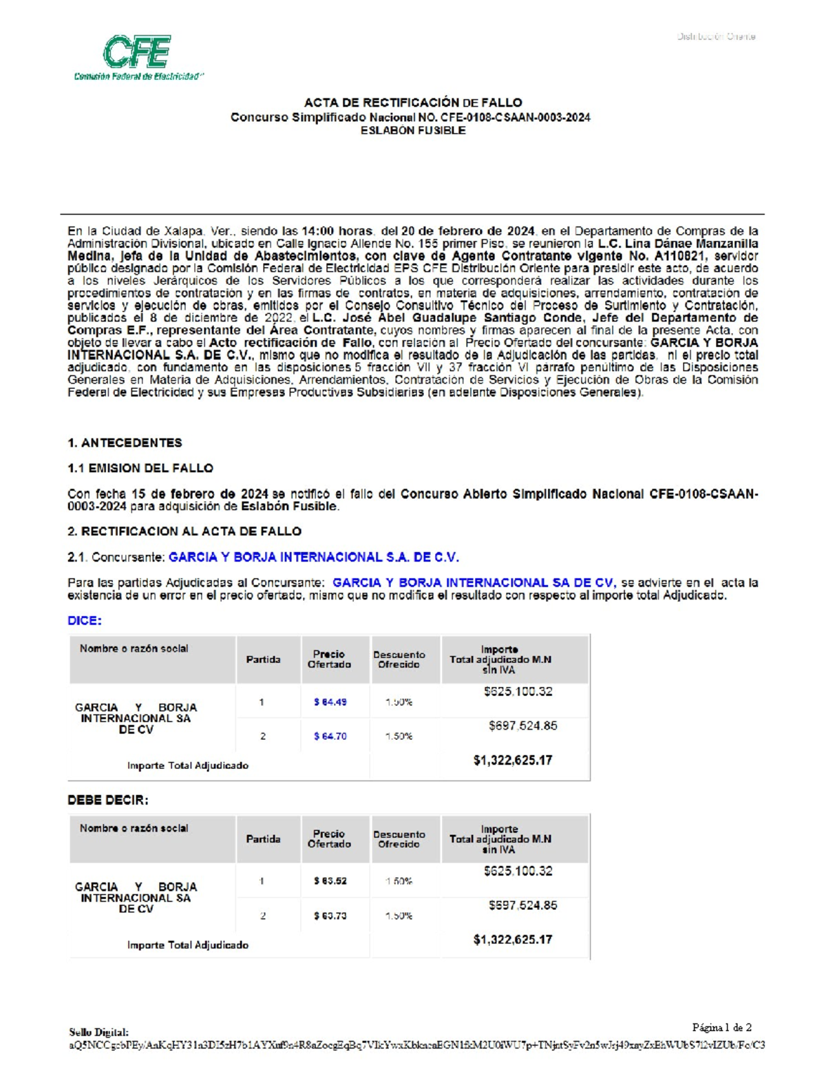 Acta de Rectificación de Fallo - Concurso Simplificado Nacional CFE ...