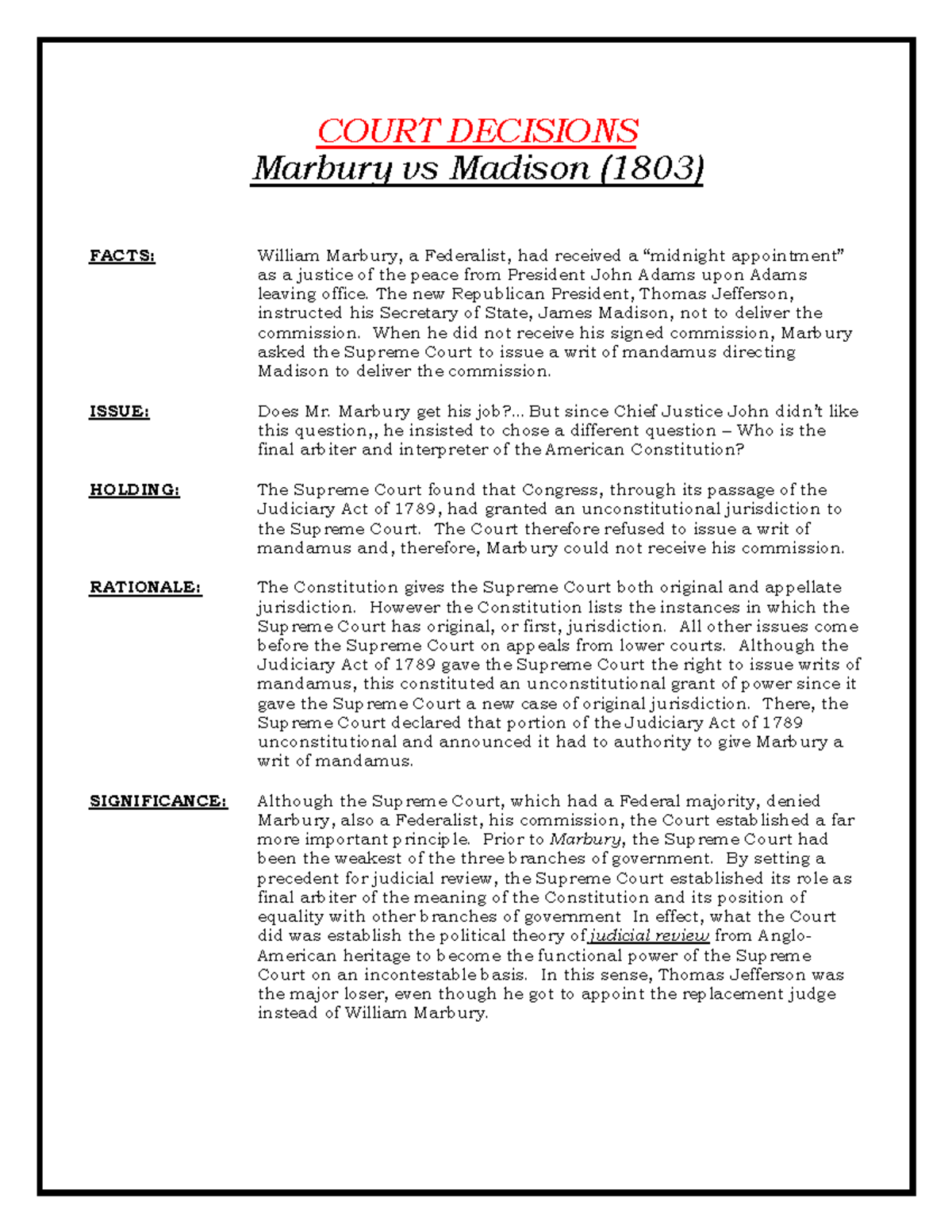 Court decisions - american history - COURT DECISIONS Marbury vs Madison ...