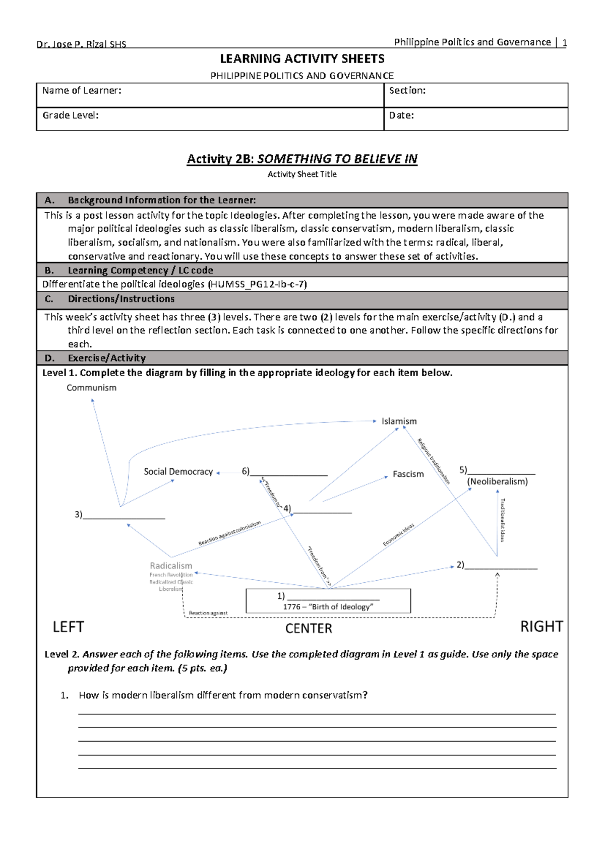 PPG Activity Sheet 2B - Week 2 - Dr. Jose P. Rizal SHS Philippine ...