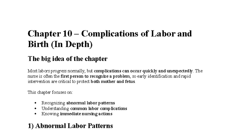 Chapter 10: Complications of Labor and Birth - Nursing Insights - Studocu
