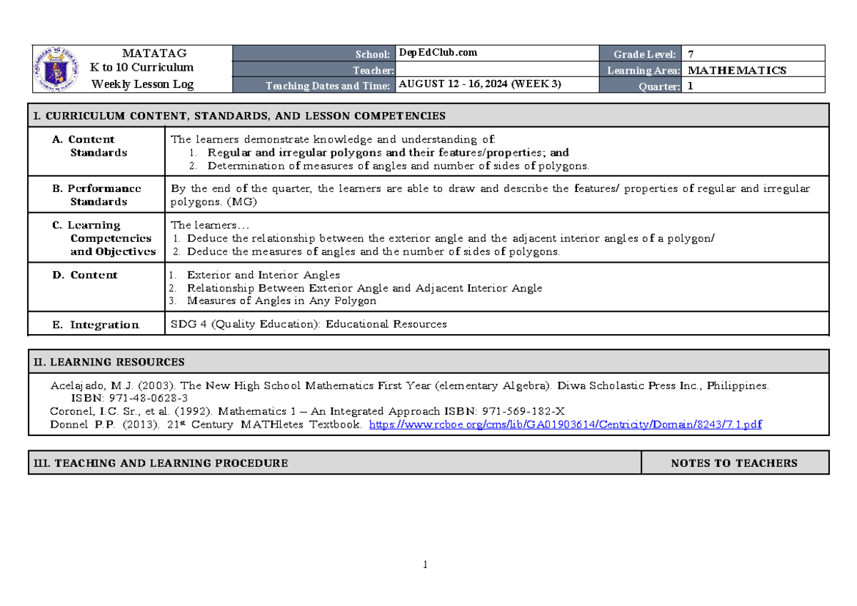 DLL Matatag MATH 7 Q1 W3 - MATH 7 DLL - MATATAG K to 10 Curriculum Weekly Lesson Log School ...