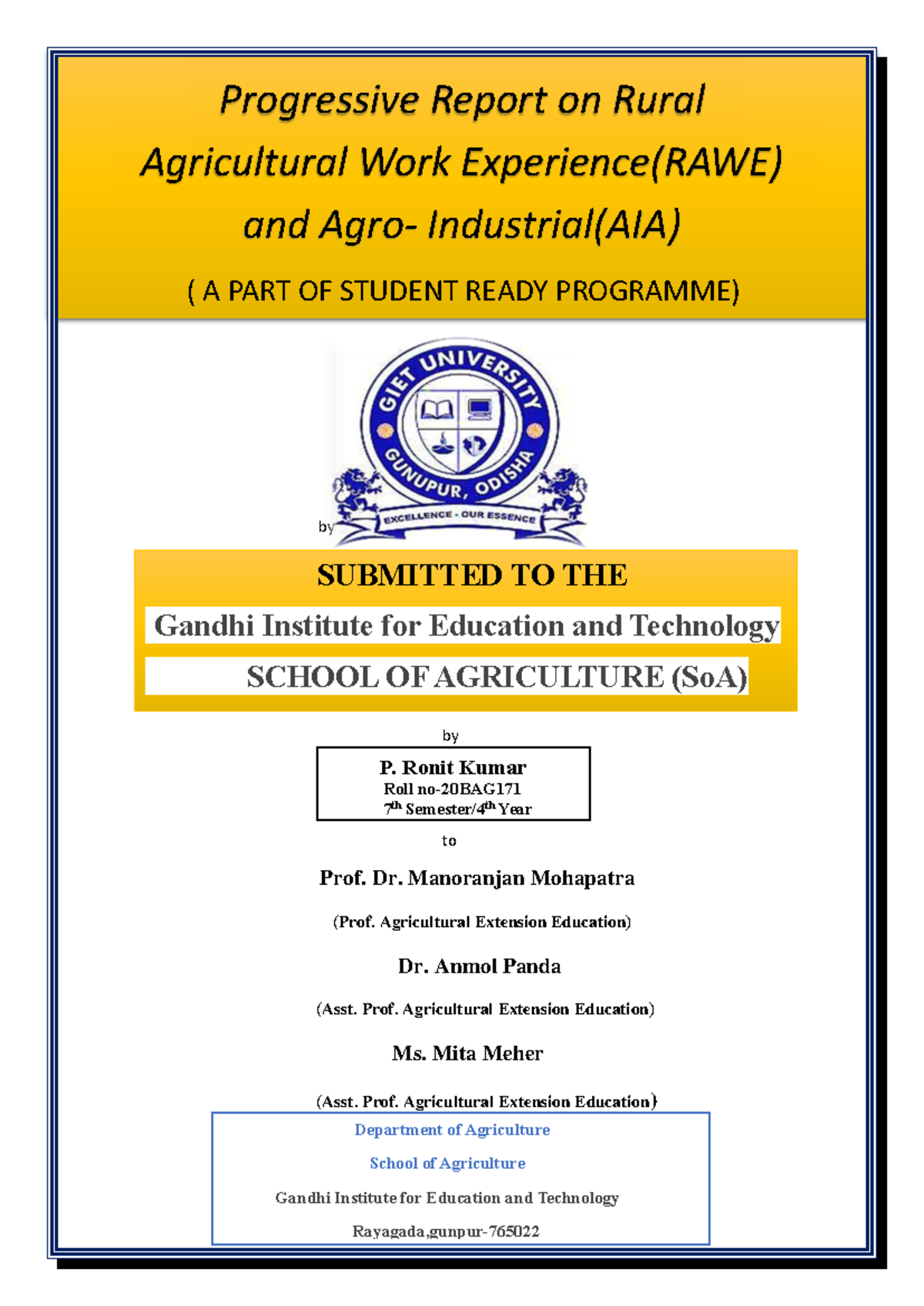 Final Report on RAWE & AIA: Agricultural Work Experience (20Bag171 ...