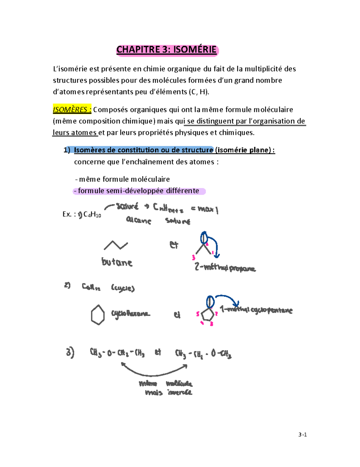 Chapitre 3: Isomérie en Chimie Organique (Chimie 101) - Studocu