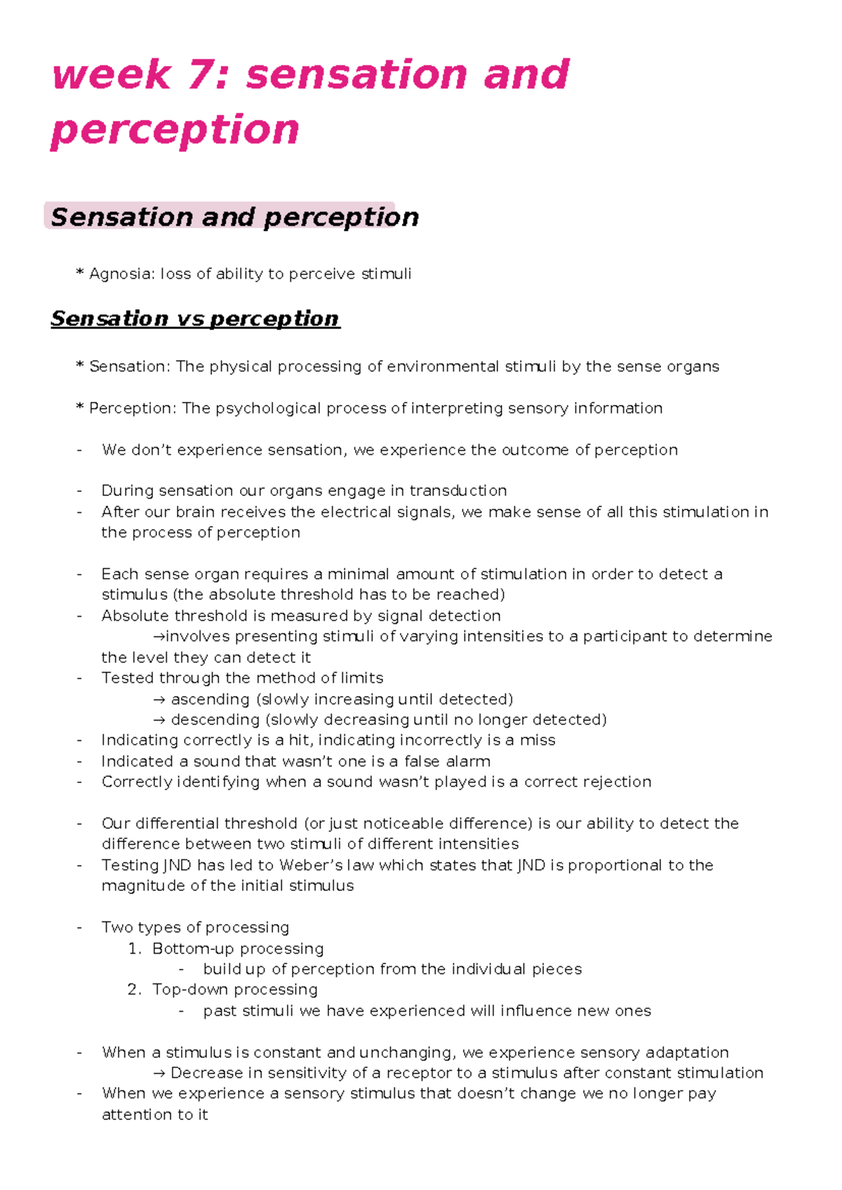 PSY 101 Week 7: Sensation and Perception Overview and Key Concepts - Studocu
