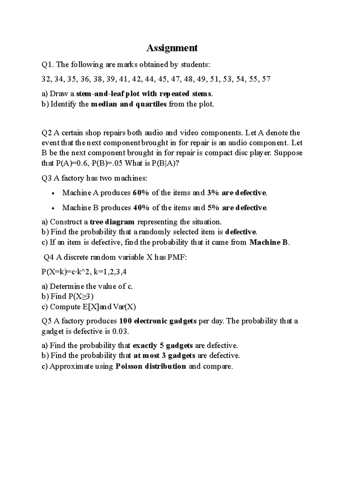 Assignment Q1-Q5: Statistics & Probability Analysis - Studocu