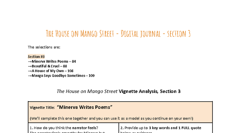 Honors ENG 101: Mango Street Vignette Analysis - Section 3 - Studocu