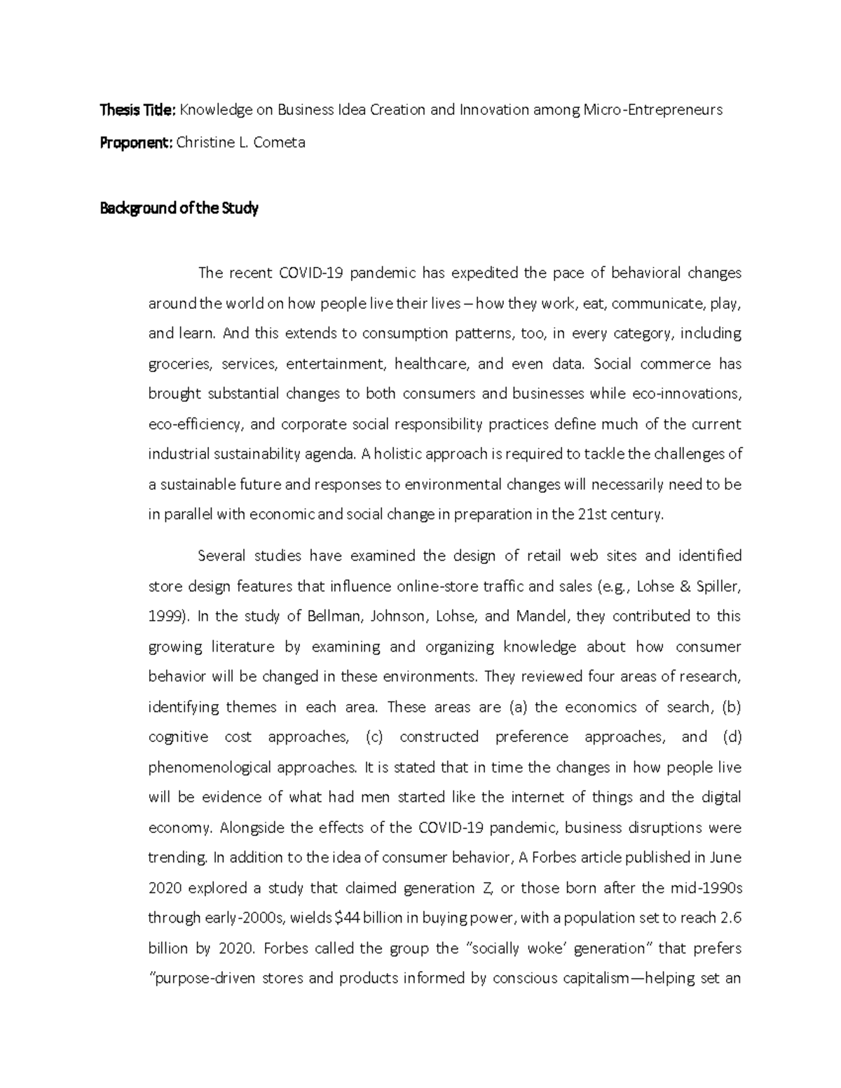 CHS 101 - Concept Paper on Business Idea Creation & Innovation - Studocu