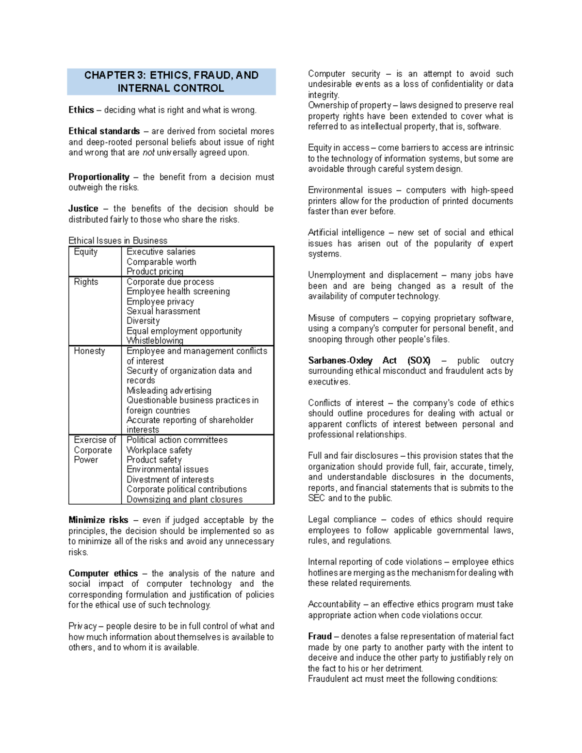 AIS Chapter 3 - Ethics, Fraud, and Internal Control Notes - Studocu