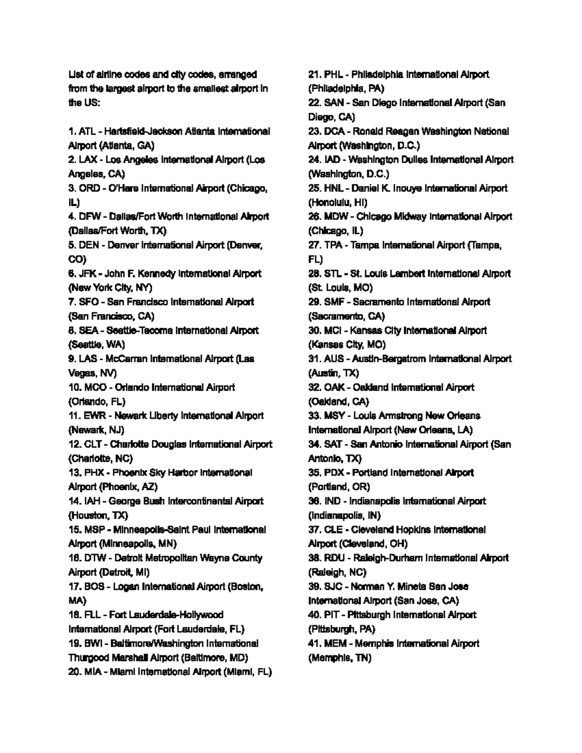 Airline and City Codes - Comprehensive List of US Airports - Studocu