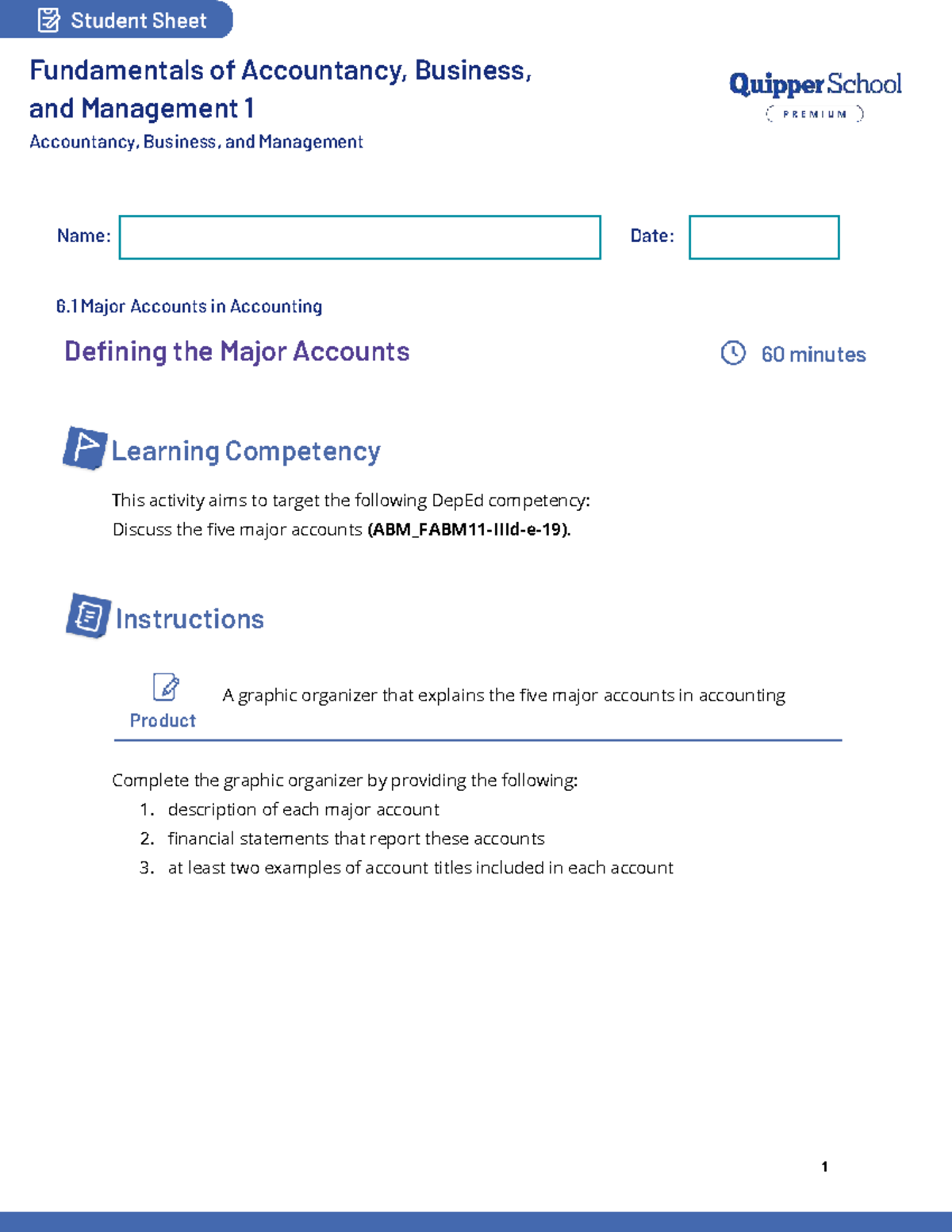 ABM 1: Lesson 6.1 - Major Accounts in Accounting Worksheet - Studocu