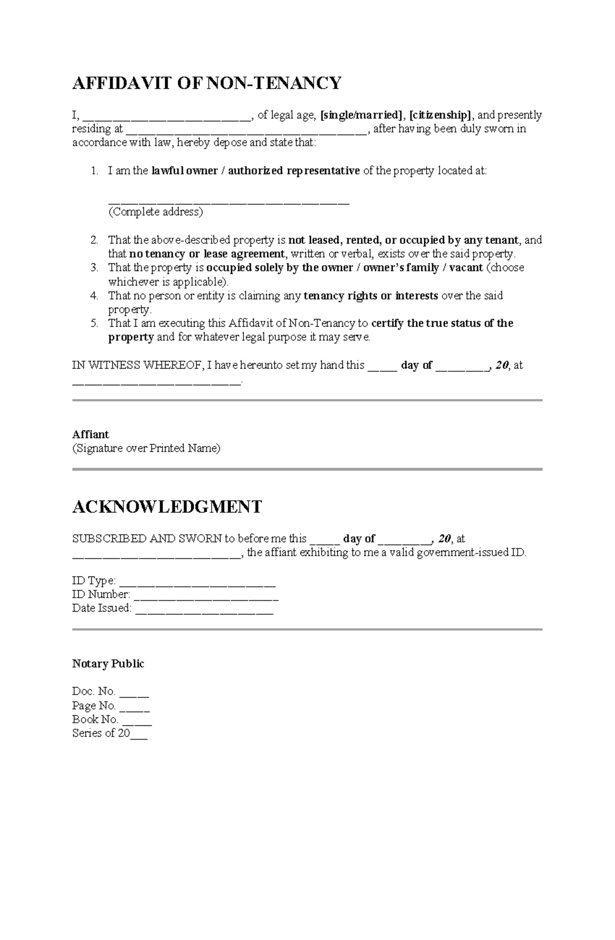 Affidavit of Non-Tenancy for Property Ownership - Studocu