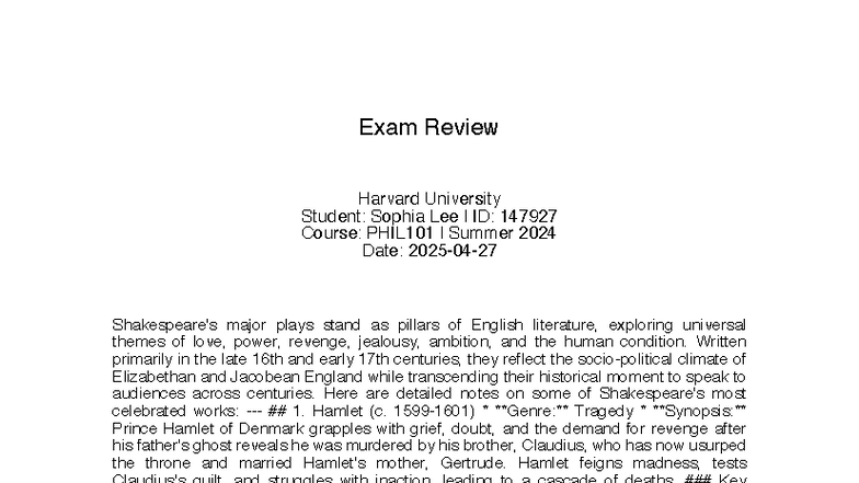 PHIL101 Exam Review: Key Themes & Characters in Hamlet - Studocu