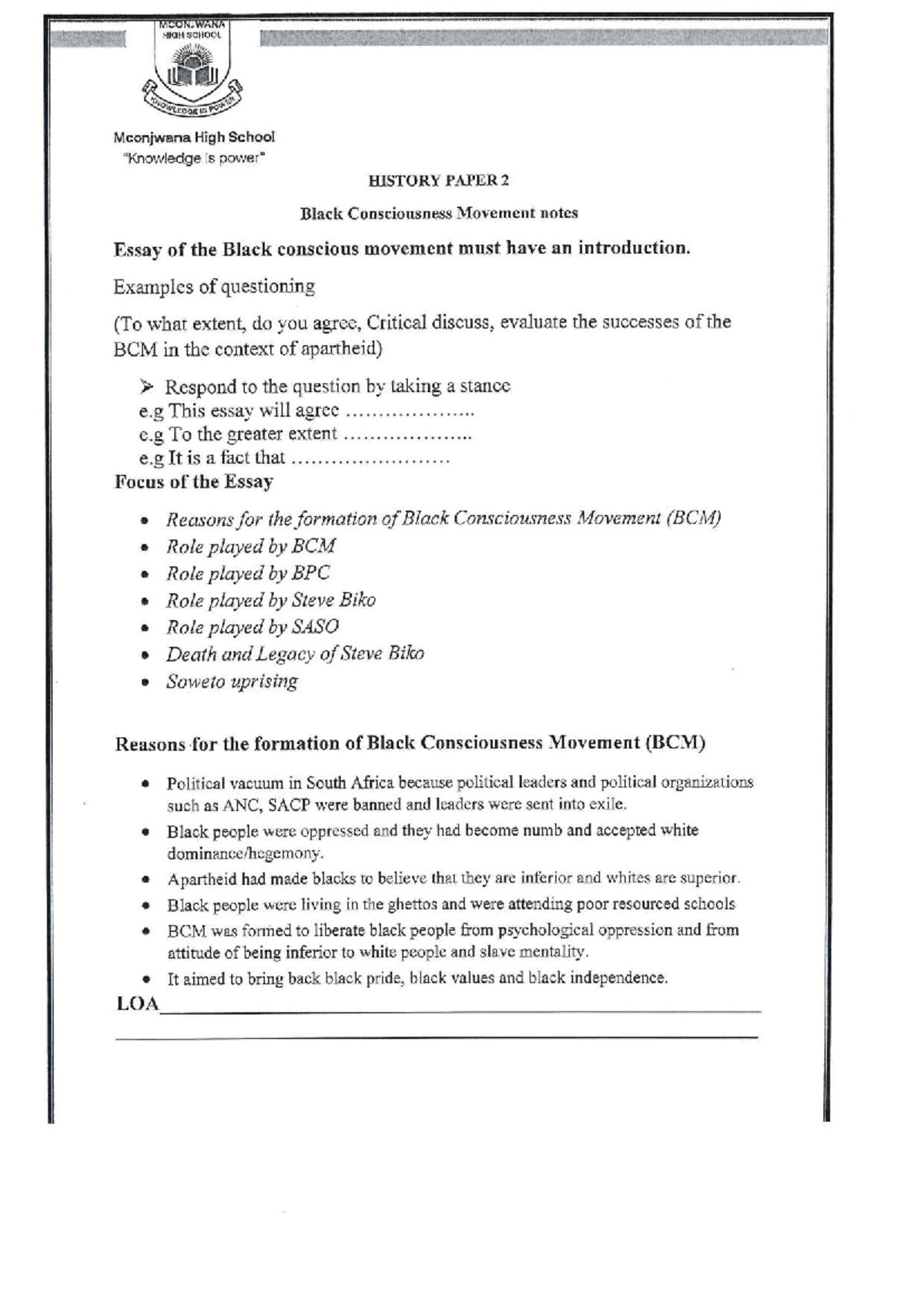 BELHAR HIGH SCHOOL HISTORY GRADE 12 PAPER 1 ESSAY NOTES: BLACK POWER ...