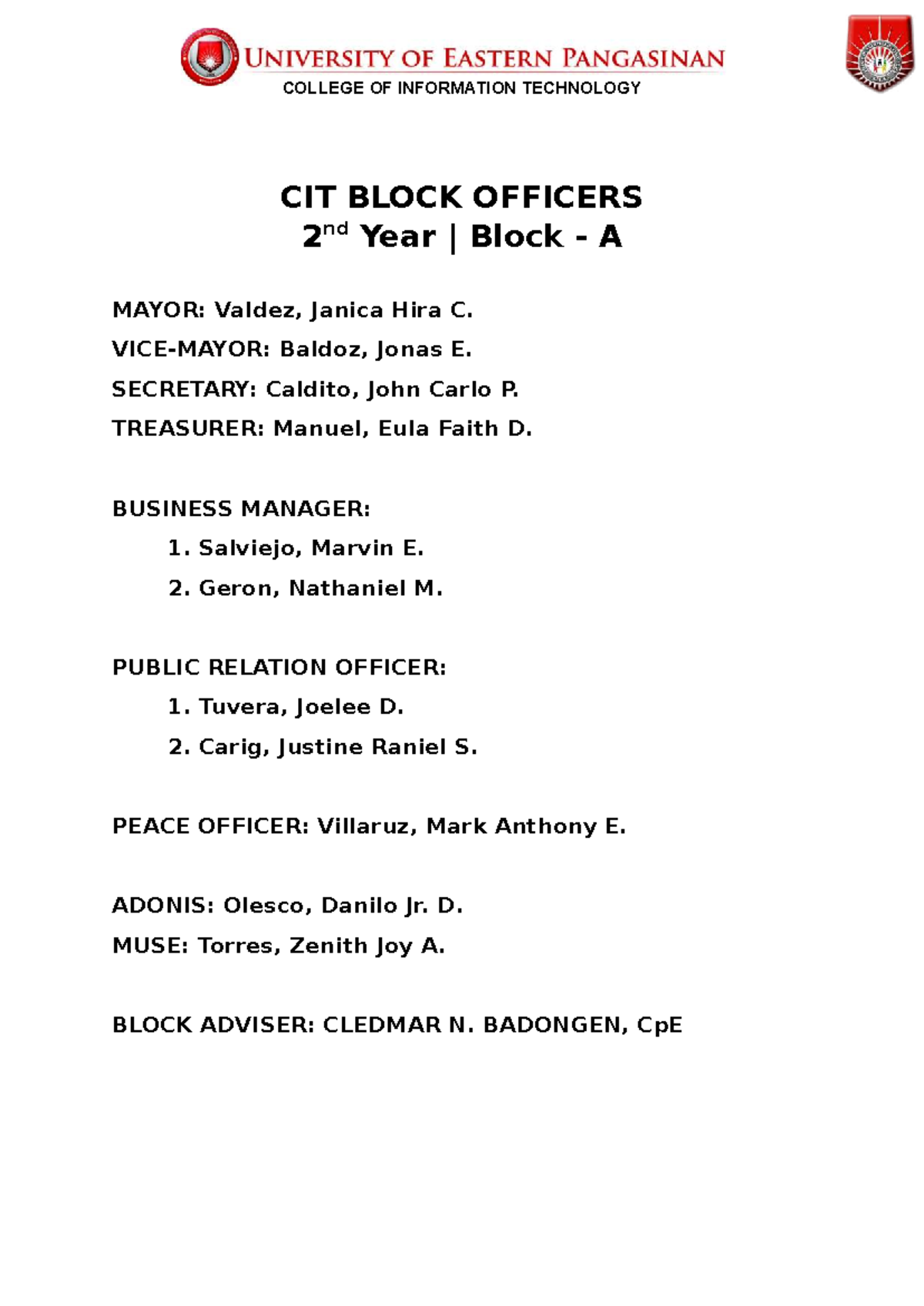 CIT IT2A Block-Officers - COLLEGE OF INFORMATION TECHNOLOGY CIT BLOCK ...