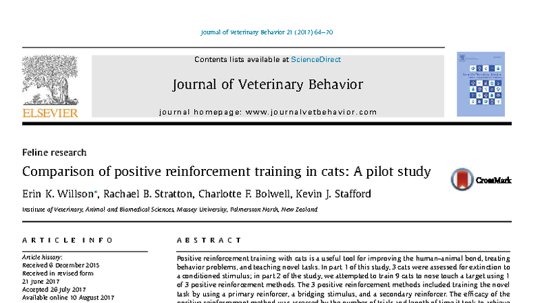 Week 9 - Positive Reinforcement Training in Cats: A Pilot Study ...