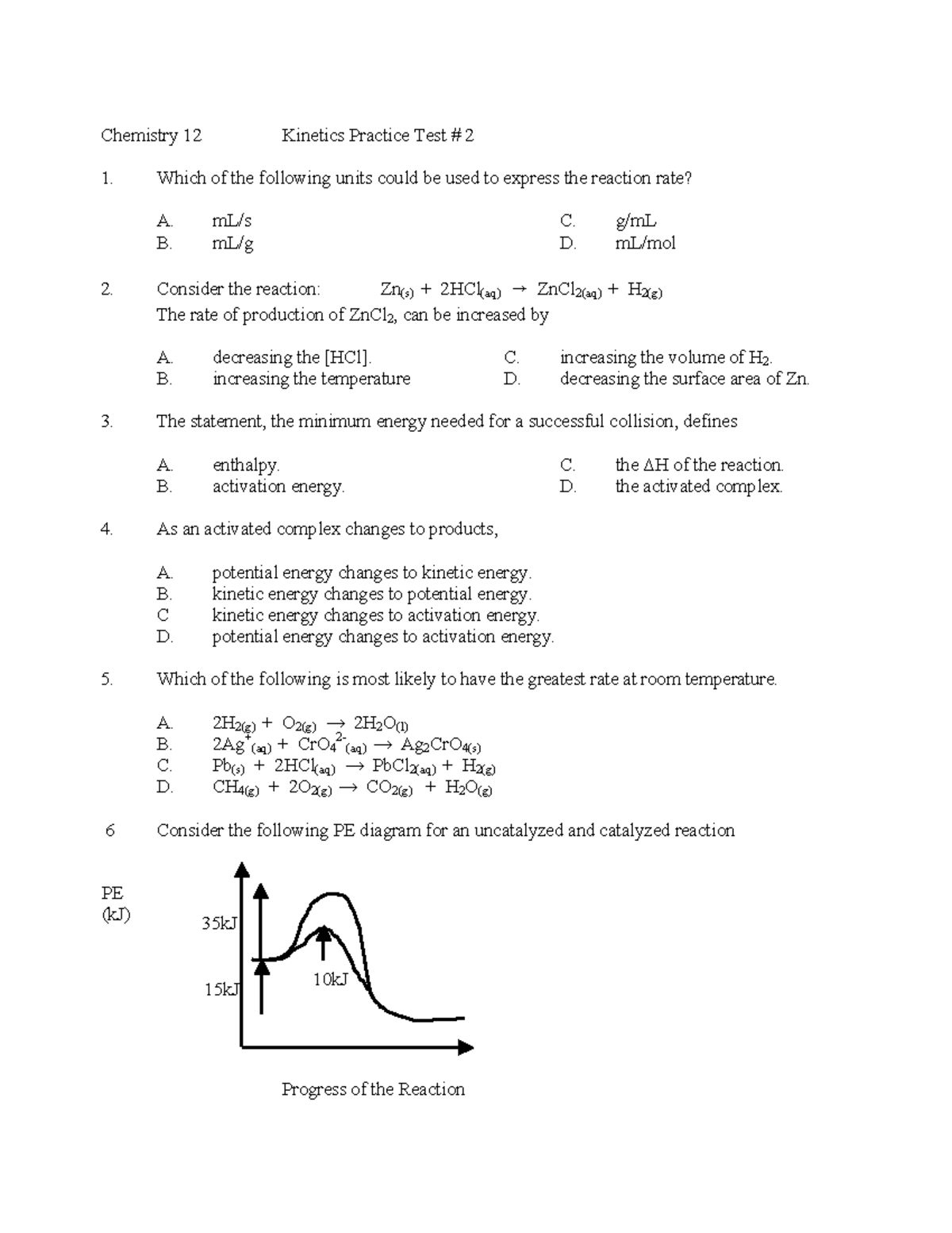 Chemistry 12 Kinetics Practice Test # 2 Study Guide - Studocu