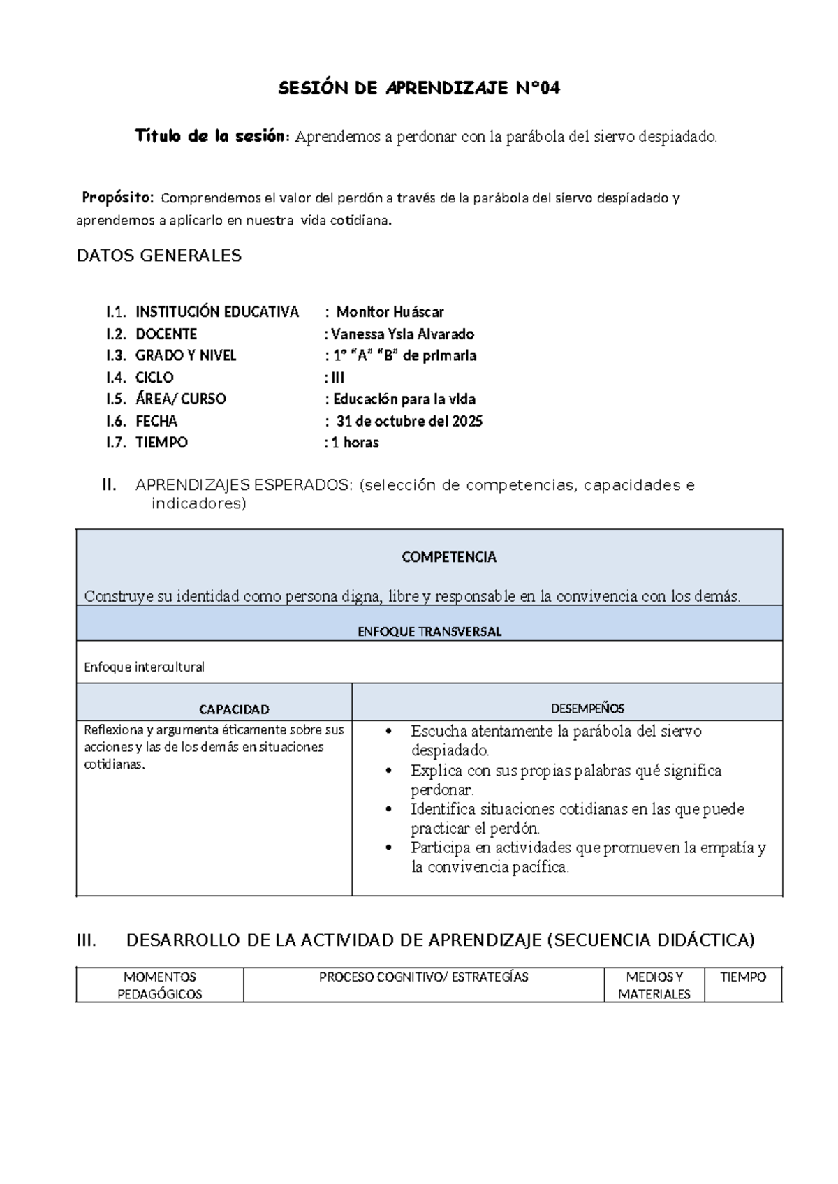 SESIÓN DE APRENDIZAJE: El Valor del Perdón en la Parábola del Siervo ...