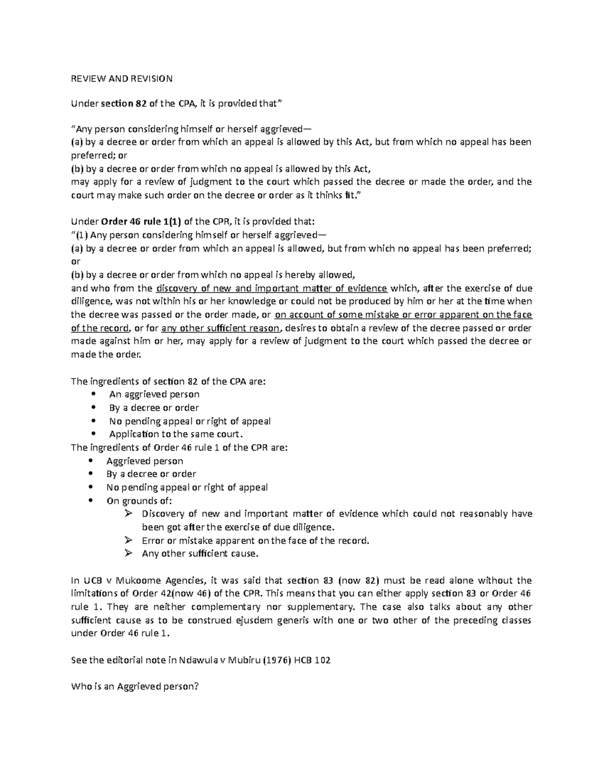 Review and Revision Notes 2: Understanding CPA & CPR Sections - Studocu