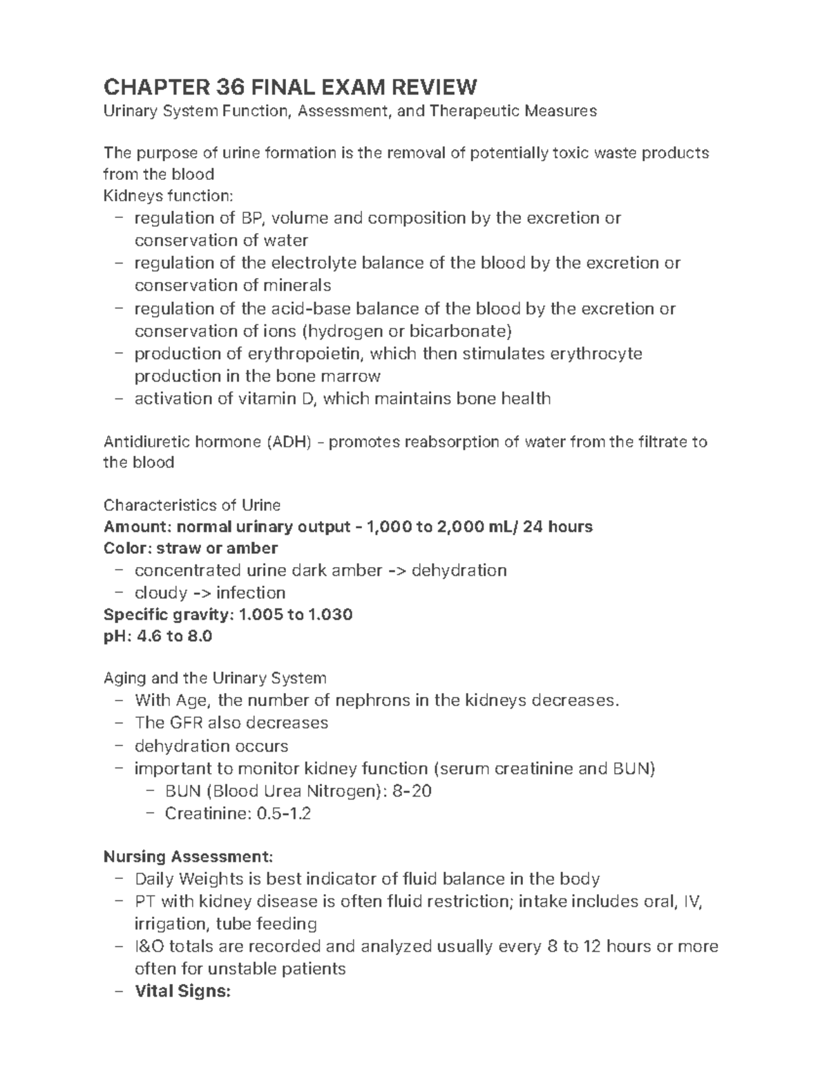 CH36 Final Exam Review: Urinary System Function & Assessment - Studocu