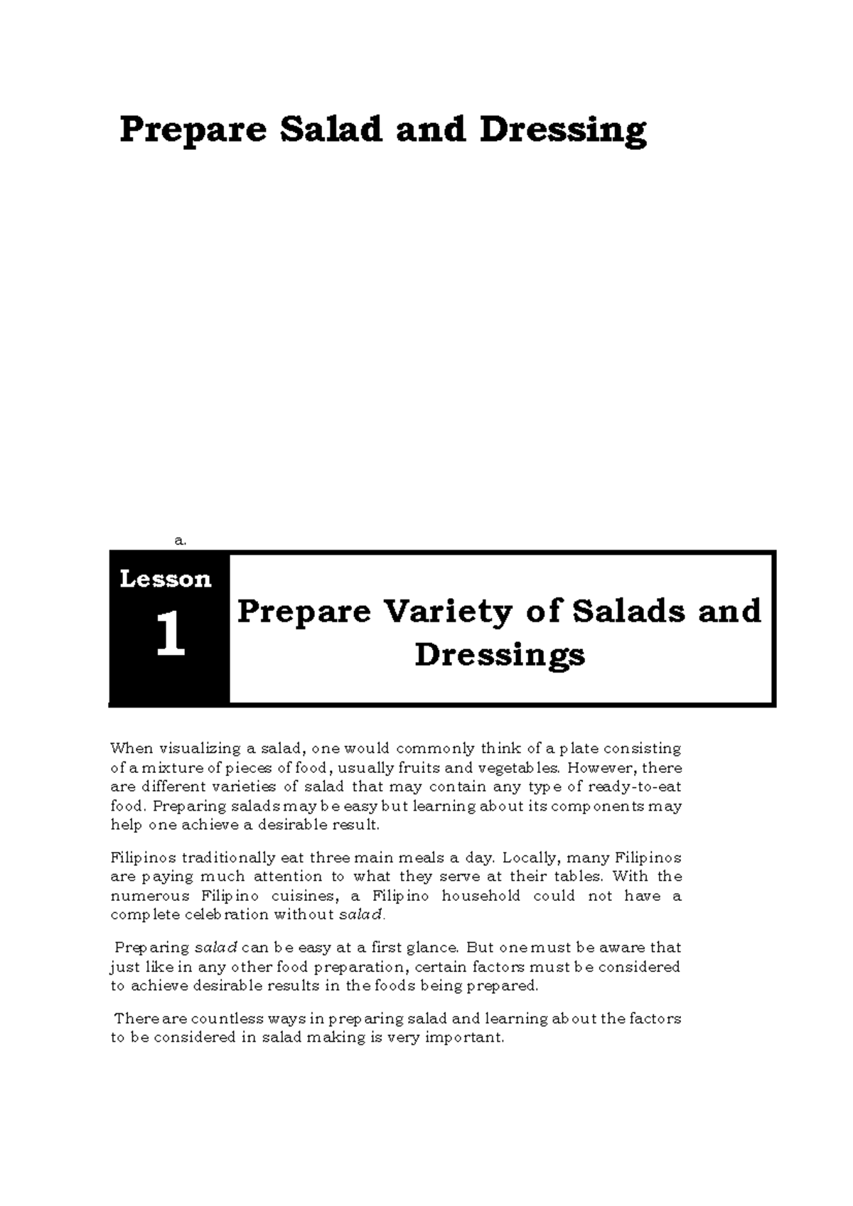 K12 TLE-Cookery9: Lesson on Preparing Salads & Dressings - Studocu