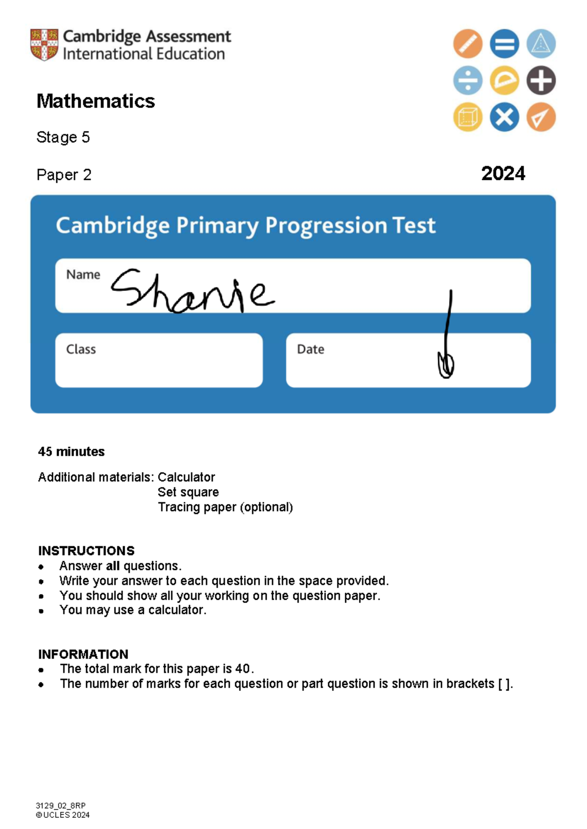 Mathematics Stage 5 Paper 2 Exam 2024 - 45 Minutes - Studocu