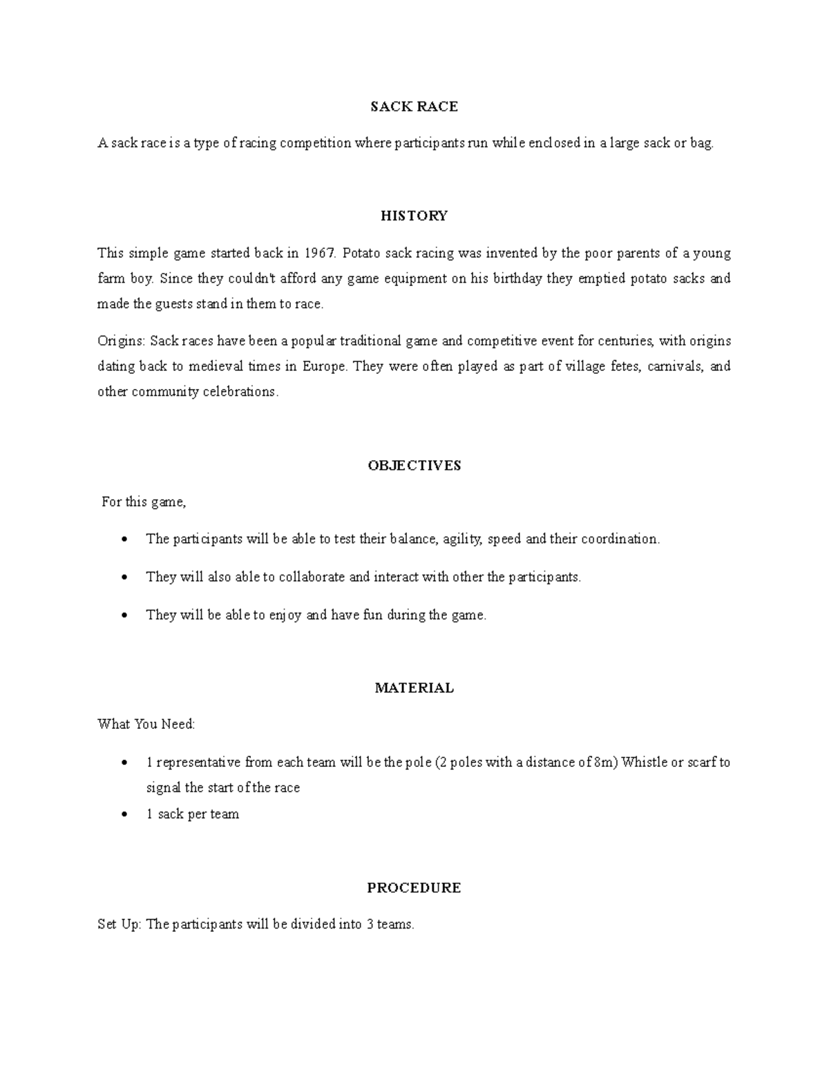 Sack Race Sports Rules: History, Objectives, and Setup Guide - Studocu