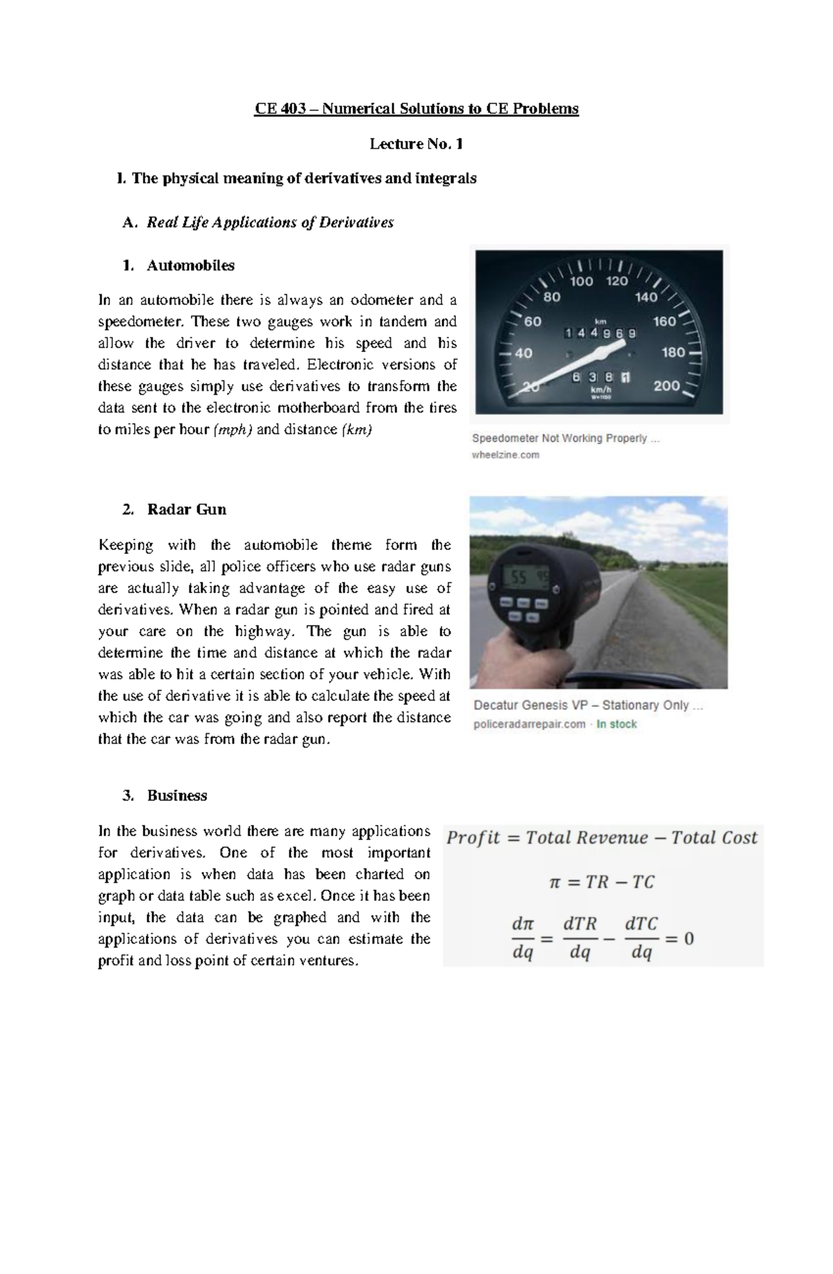 CE 403 Lecture 1 - Derivatives & Integrals in Civil Engineering - Studocu