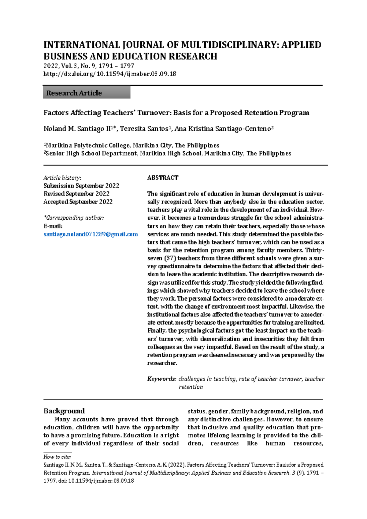 Factors Affecting Teacher Turnover: Proposed Retention Program (IJMABER ...