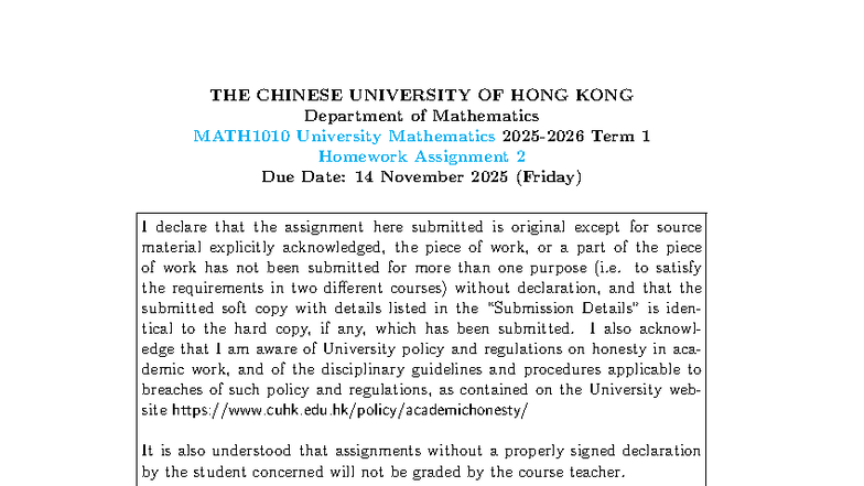 MATH1010 University Mathematics Term 1 Homework Assignment 2 - Studocu