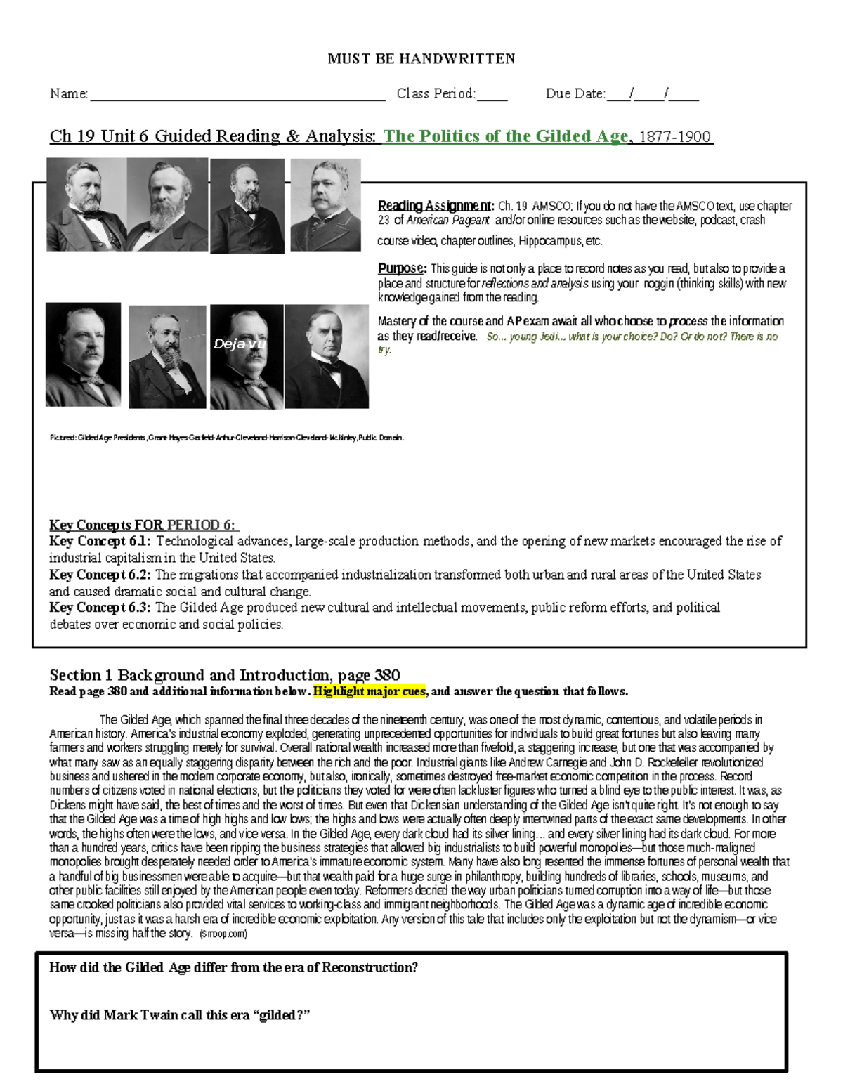 Unit 6 Ch 19 Amsco Reading Guides - MUST BE HANDWRITTEN Name