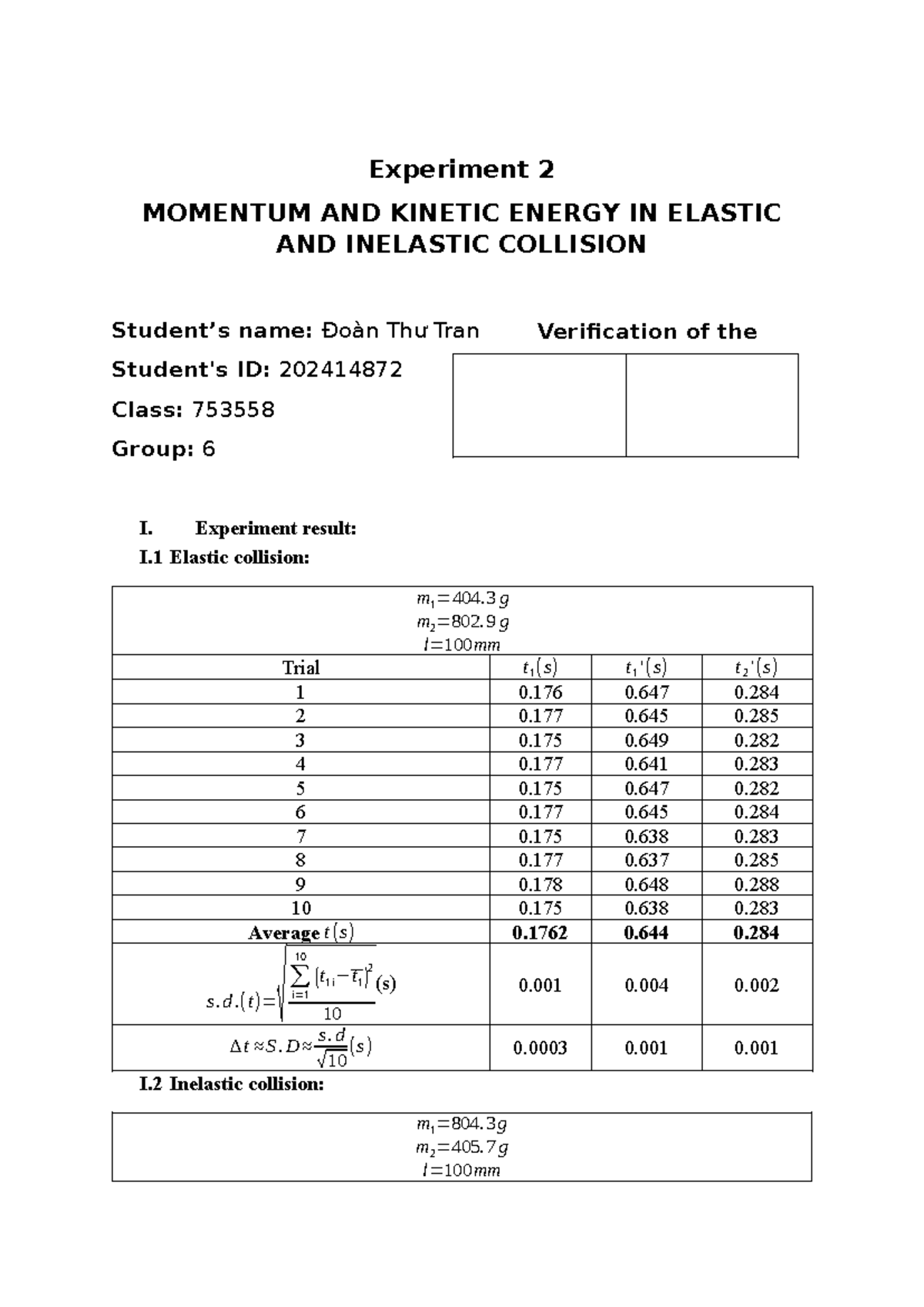 Experiment 2: Momentum & Kinetic Energy in Elastic/Inelastic Collisions ...