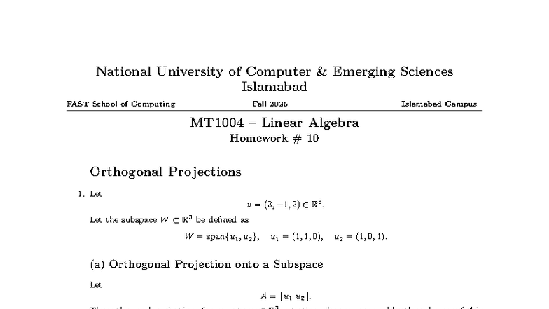 MT1004 Linear Algebra Homework 10: Orthogonal Projections & Matrices ...