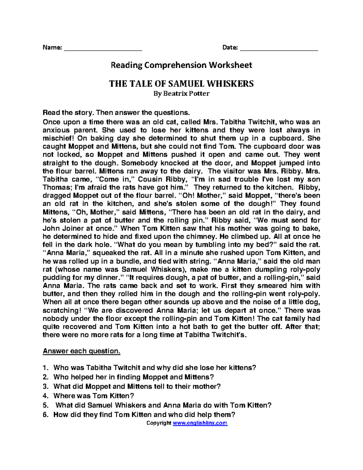 6th Grade Reading Comprehension: The Tale of Samuel Whiskers - Studocu