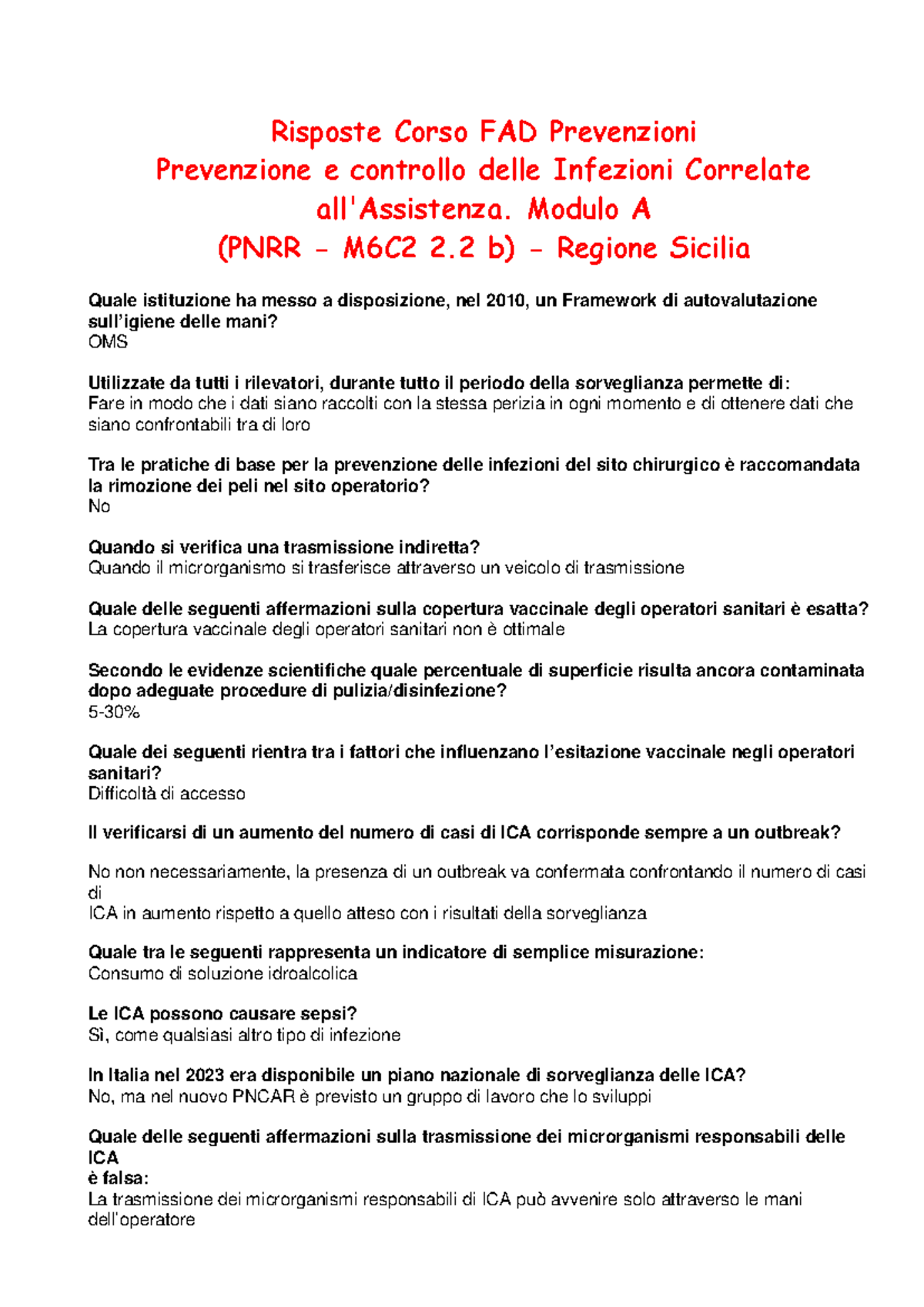 Risposte Corso FAD Prevenzione e Controllo Infezioni (PNRR - M6C2 2 b) - Studocu