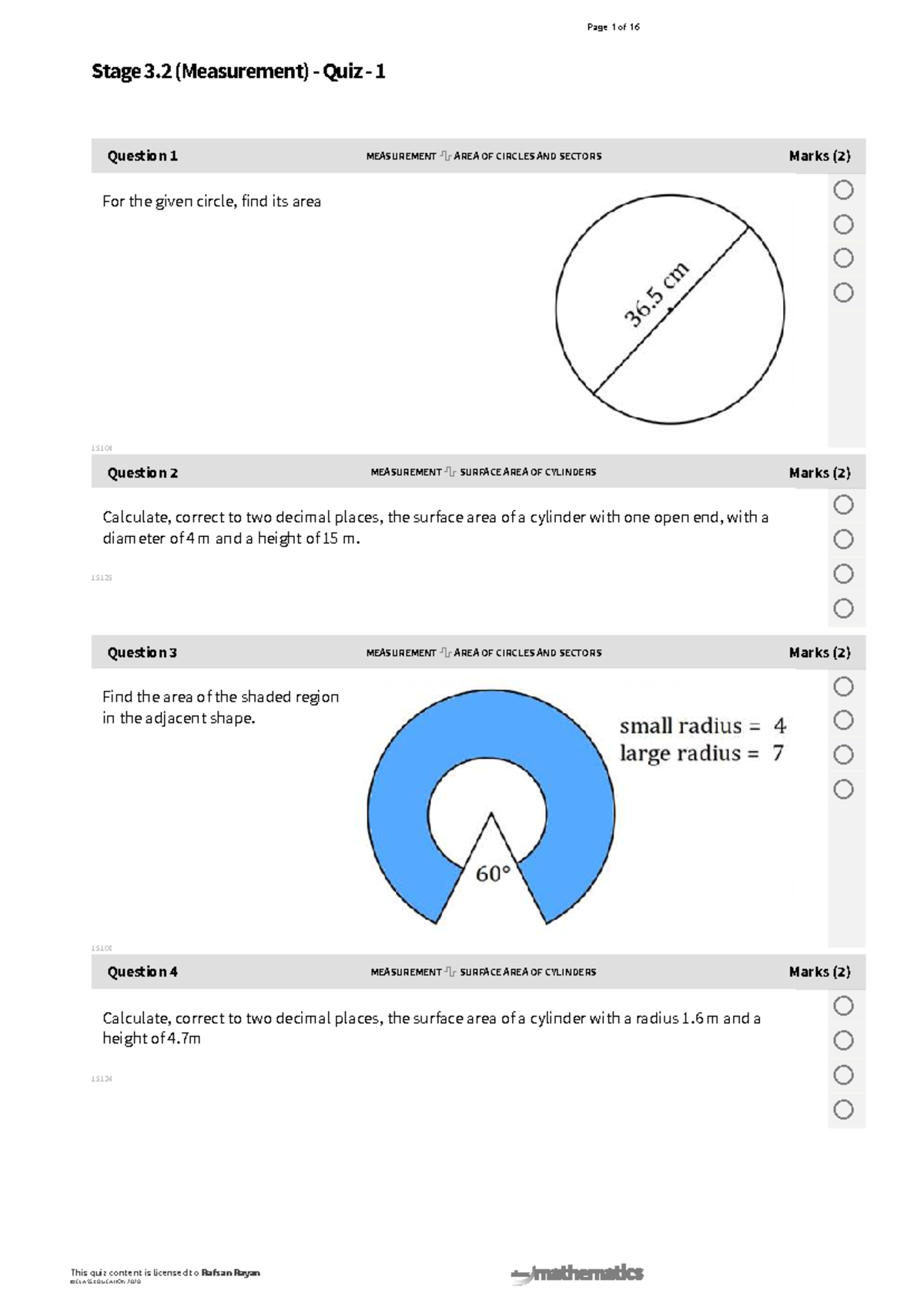 Stage 5.2 (Measurement) Quiz: Area, Surface Area & Volume Problems ...