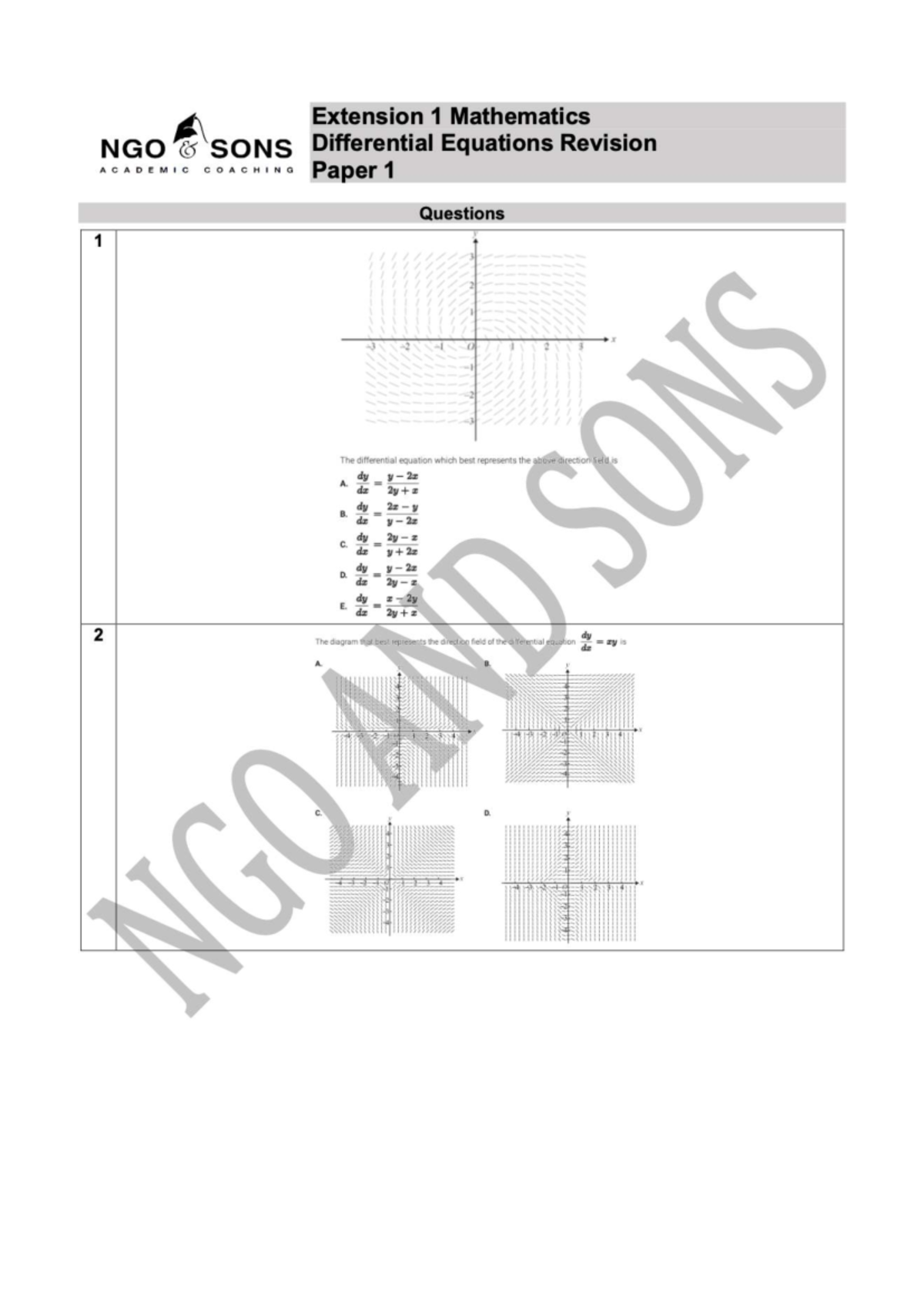 Differential Equations Revision NGO SONS ACADEMIC COACHING Paper 1 ...