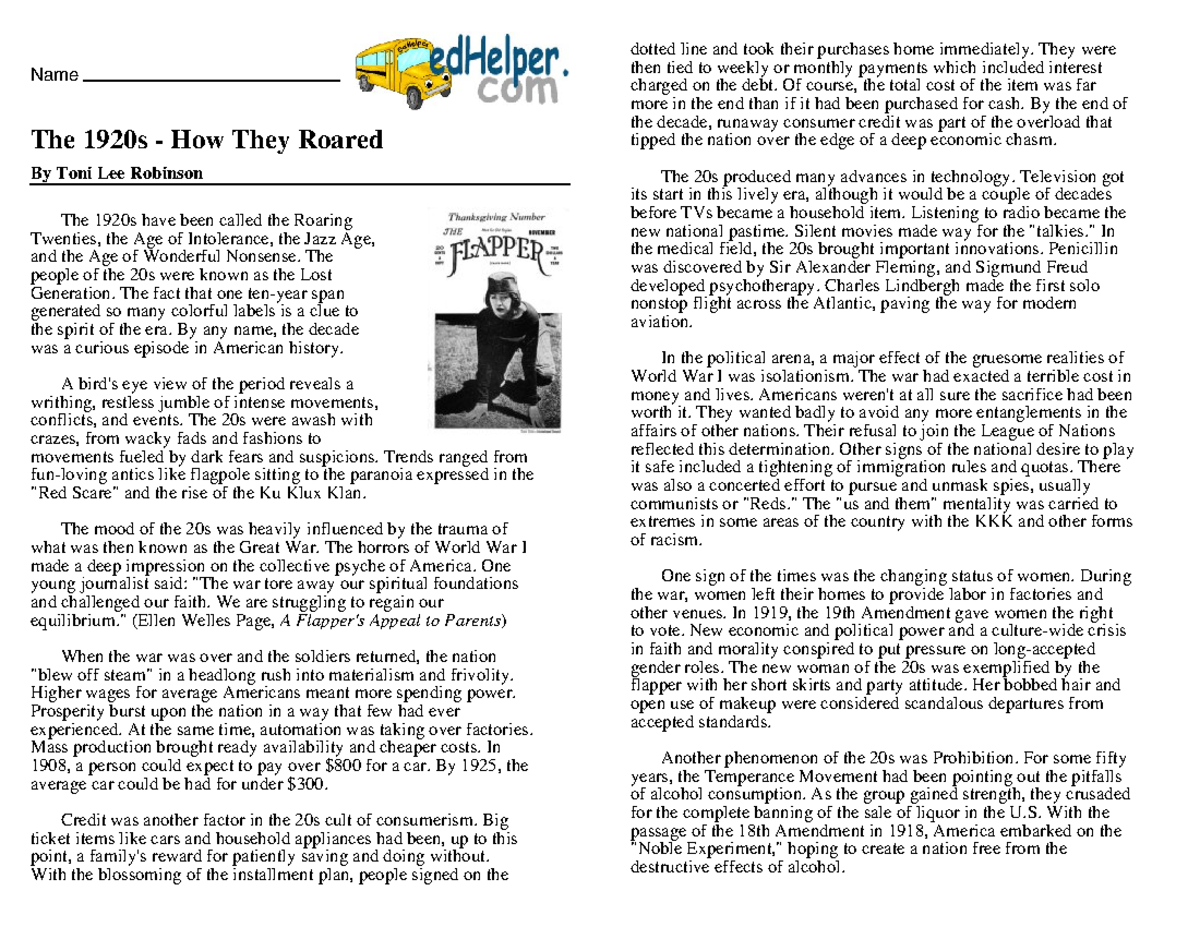 1920s - The Roaring Twenties: A Reading Comprehension Guide - Studocu