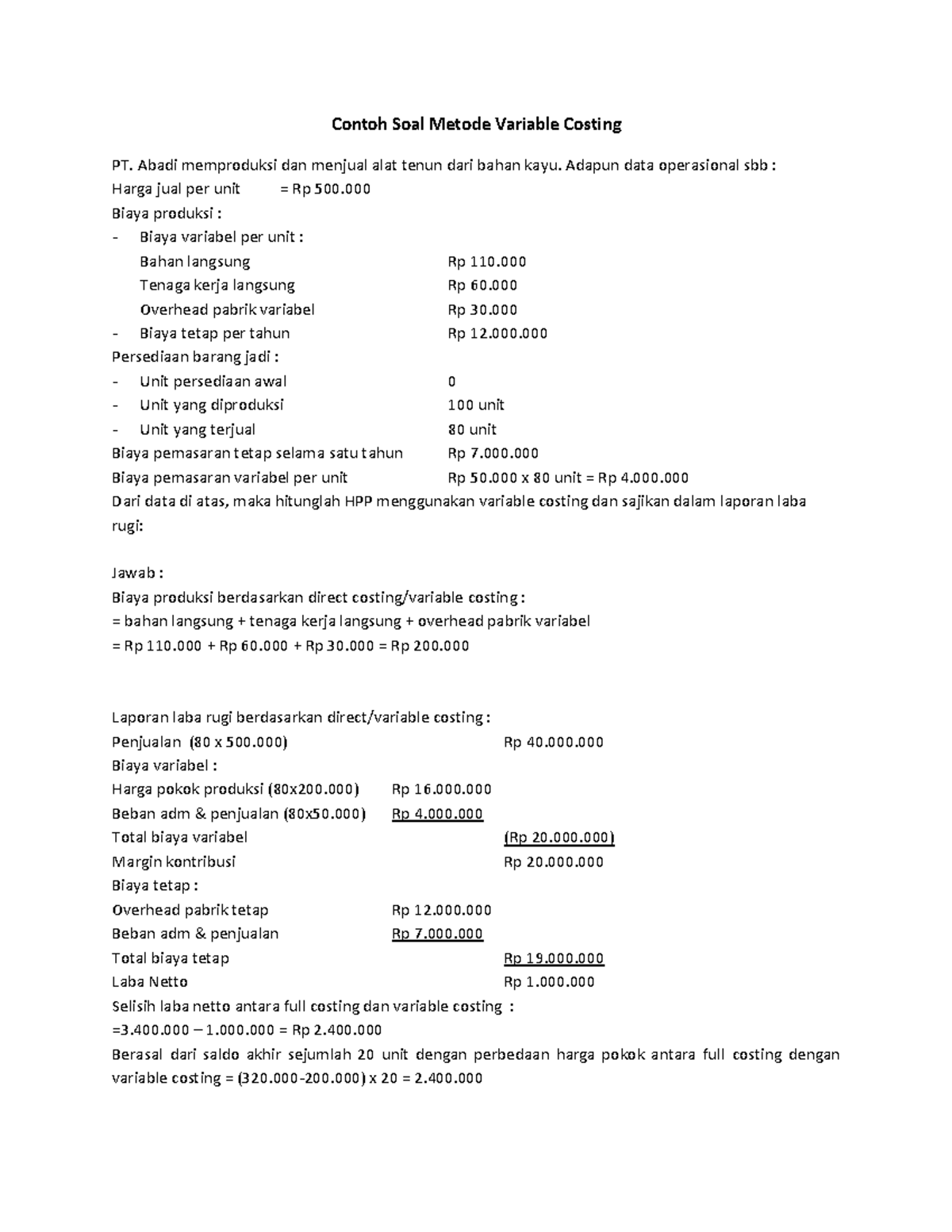 Contoh Soal Variable Costing - Metode dan Laporan Laba Rugi - Studocu