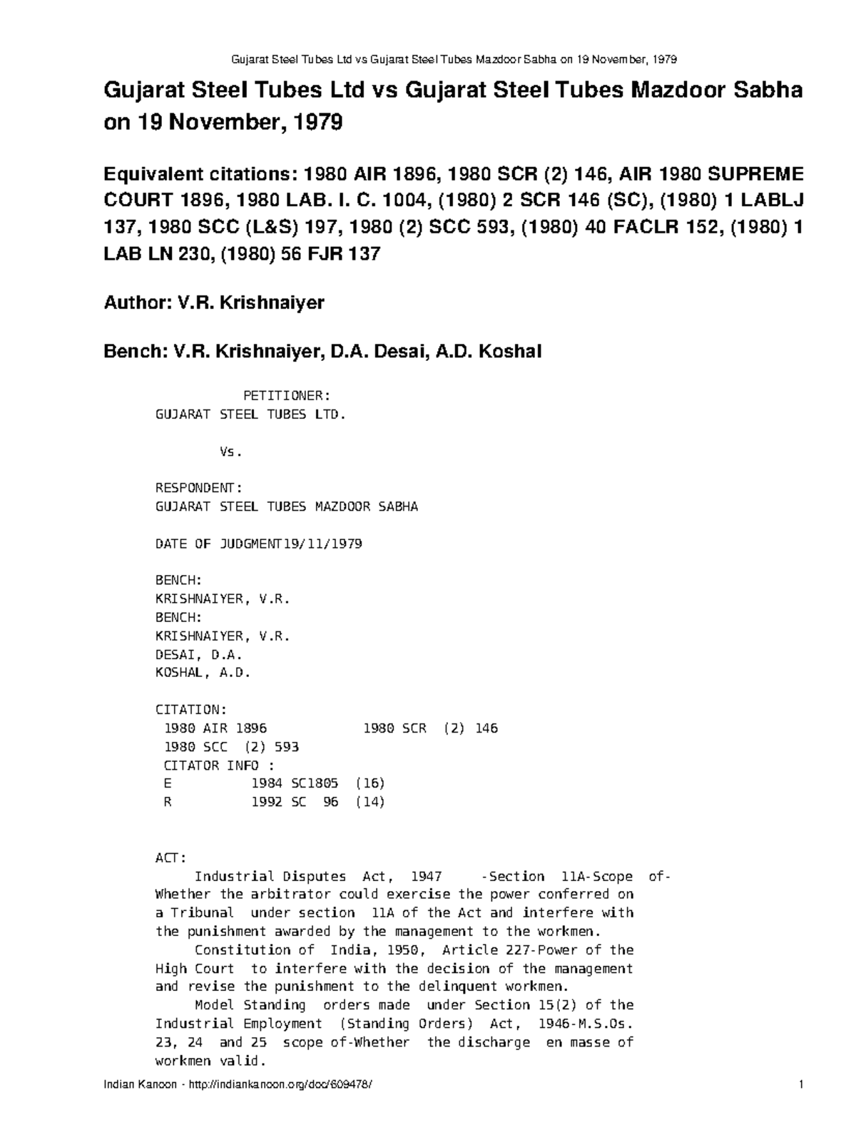 Gujarat Steel Tubes Ltd vs Mazdoor Sabha: Supreme Court Case Analysis ...
