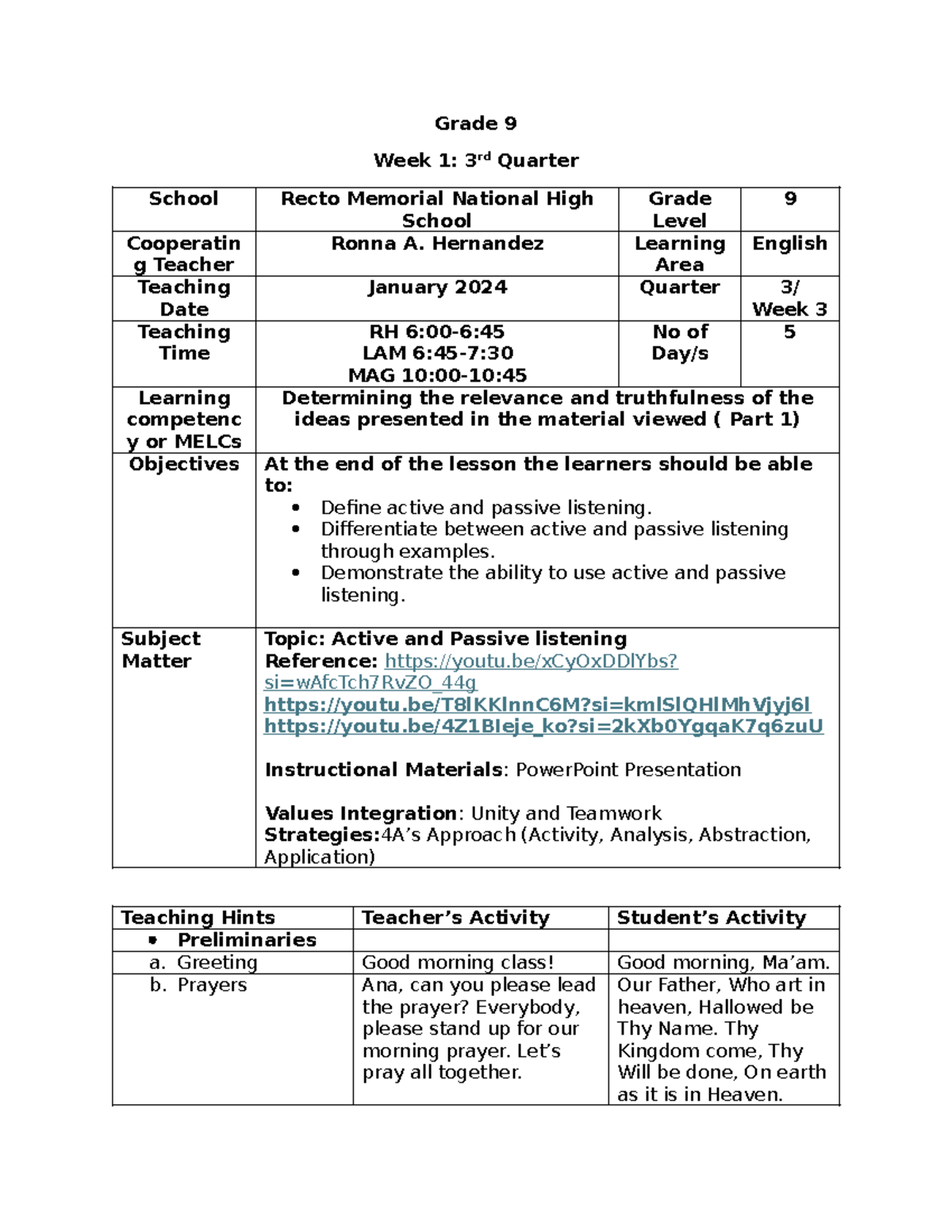 Active and Passive Listening: Grade 9 English Lesson Plan - Studocu