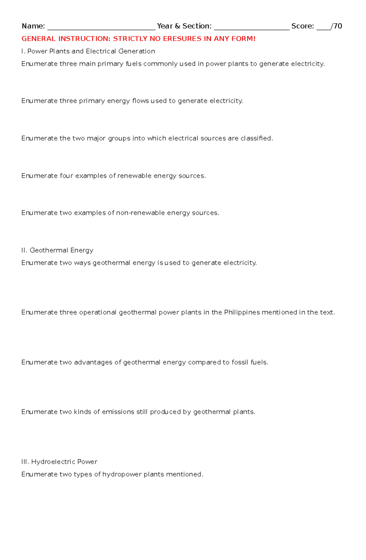 Science Test: Power Plants & Renewable Energy (Summative) - Studocu