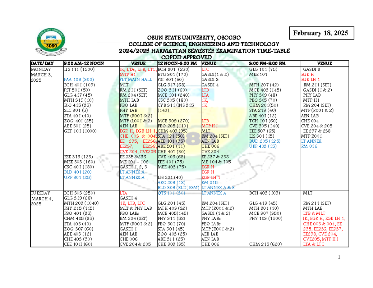 2024/2025 Harmattan Semester Exam Timetable - Osun State University ...