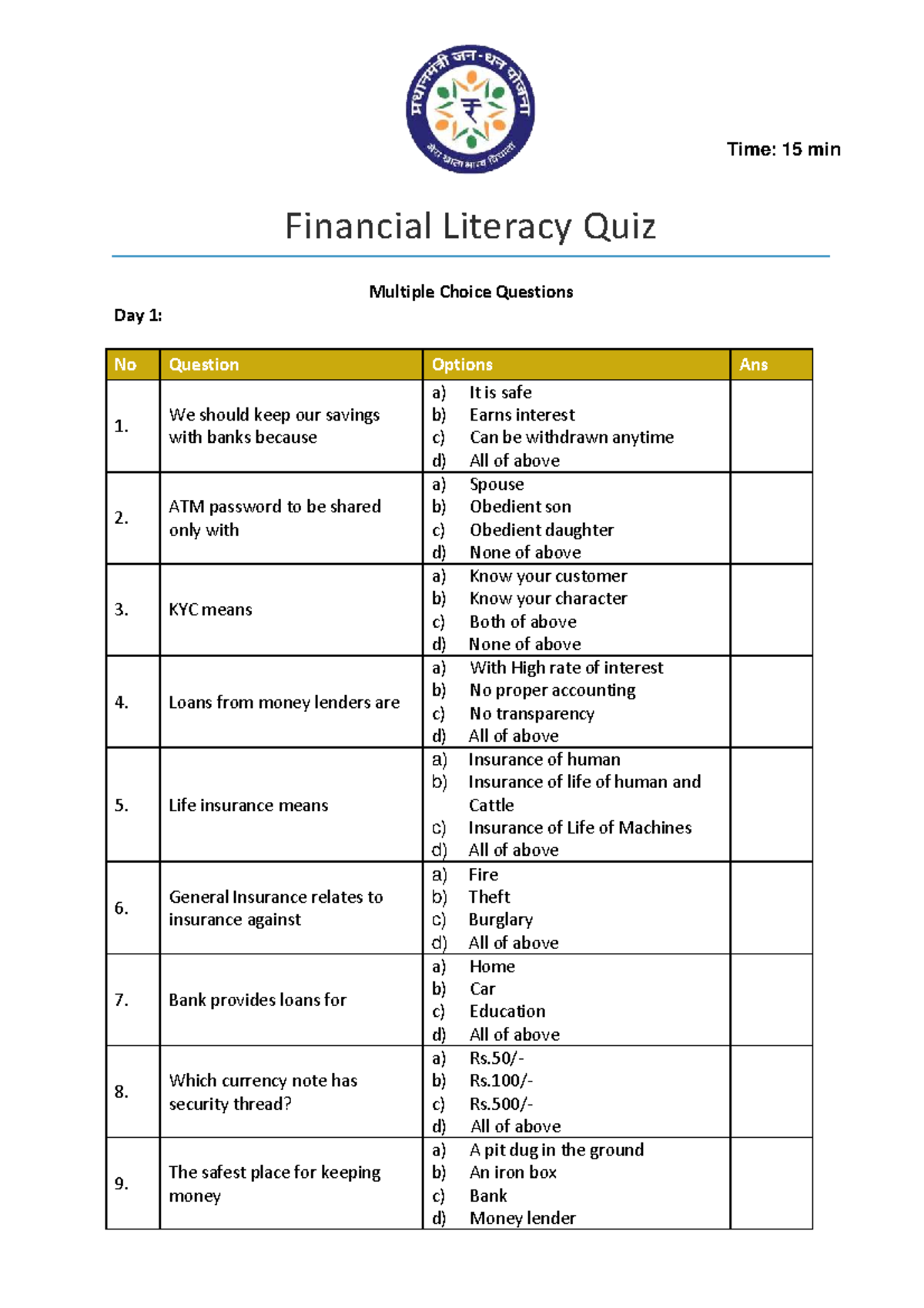Financial Literacy Quiz (FL-101): Multiple Choice Questions Day 1 & 2 ...