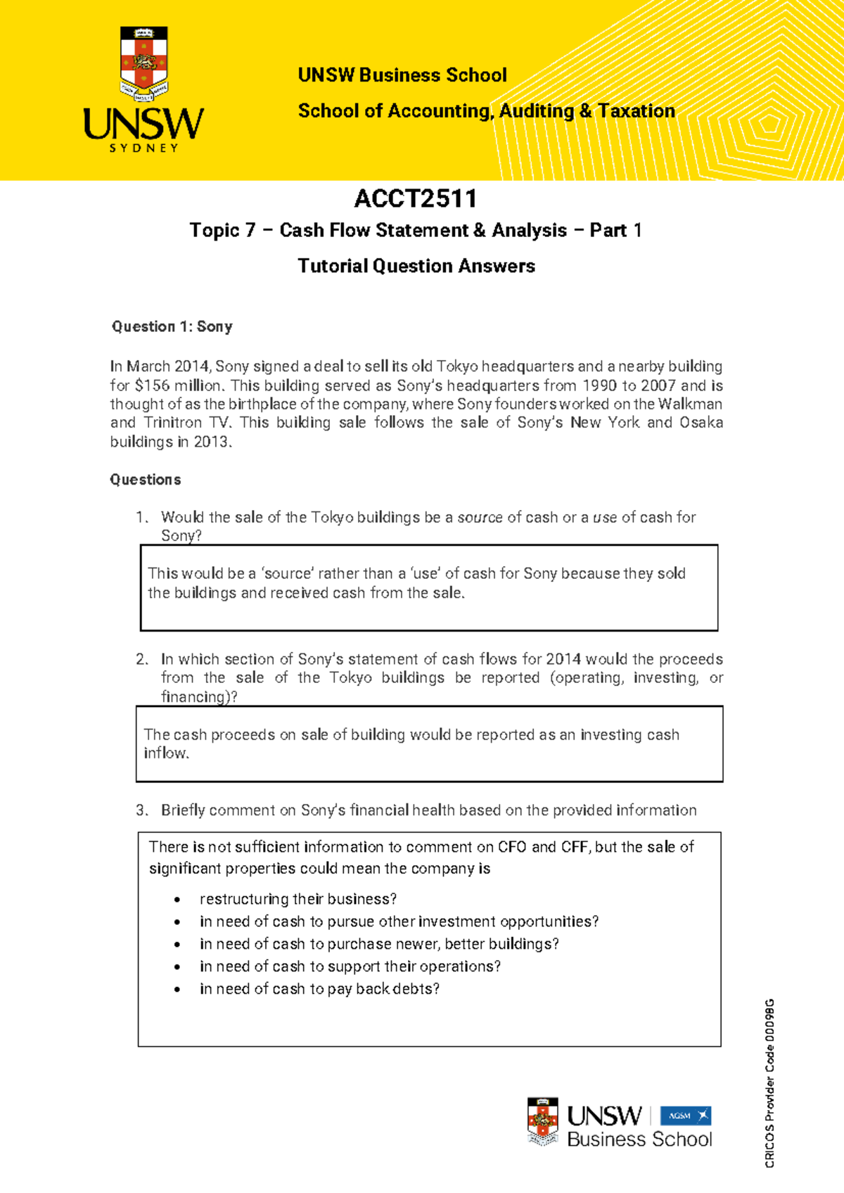 ACCT Tutorial Solutions: Topic 7 Cash Flow Statement Analysis - Studocu