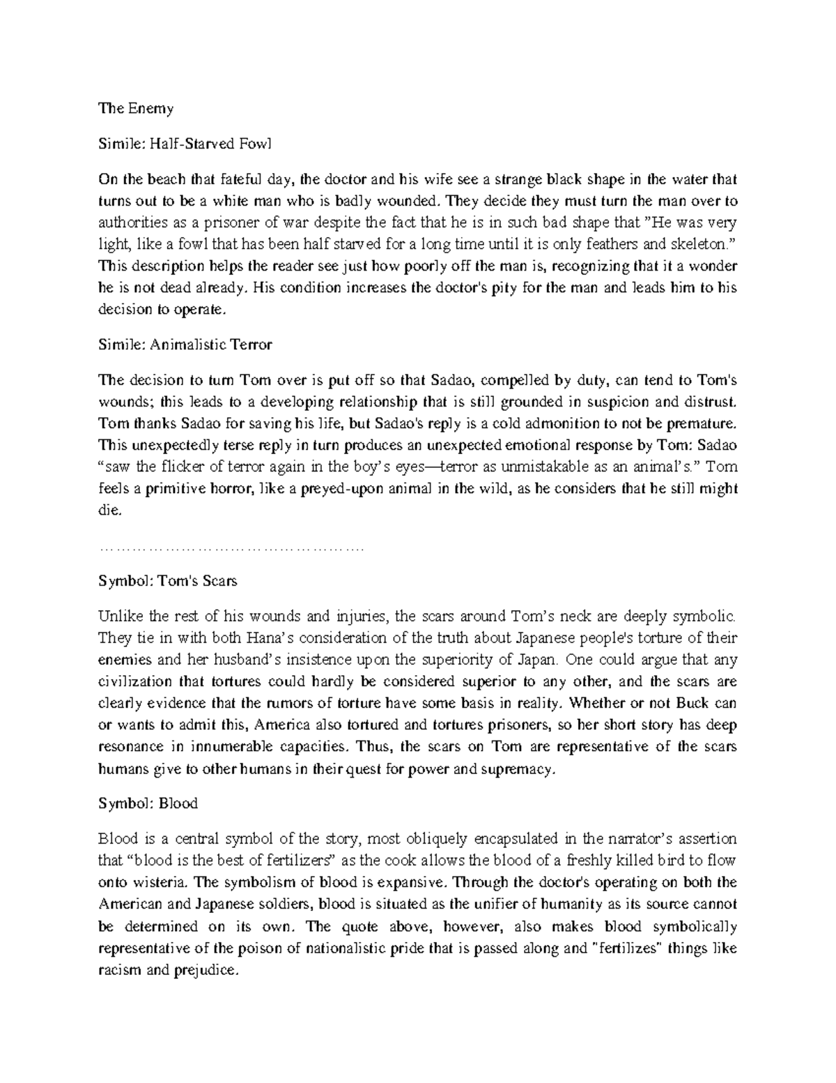 Literary Devices in "The Enemy": Themes & Symbols Analysis - Studocu