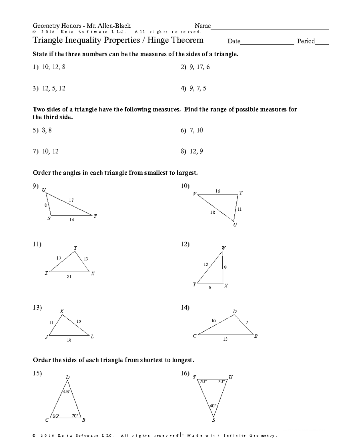 Triangle Inequality Properties Hinge Theorem ©e G 2 C 0 K 1 Y 6 X Iksumtqas Psjo]fbtcwoaer Eo